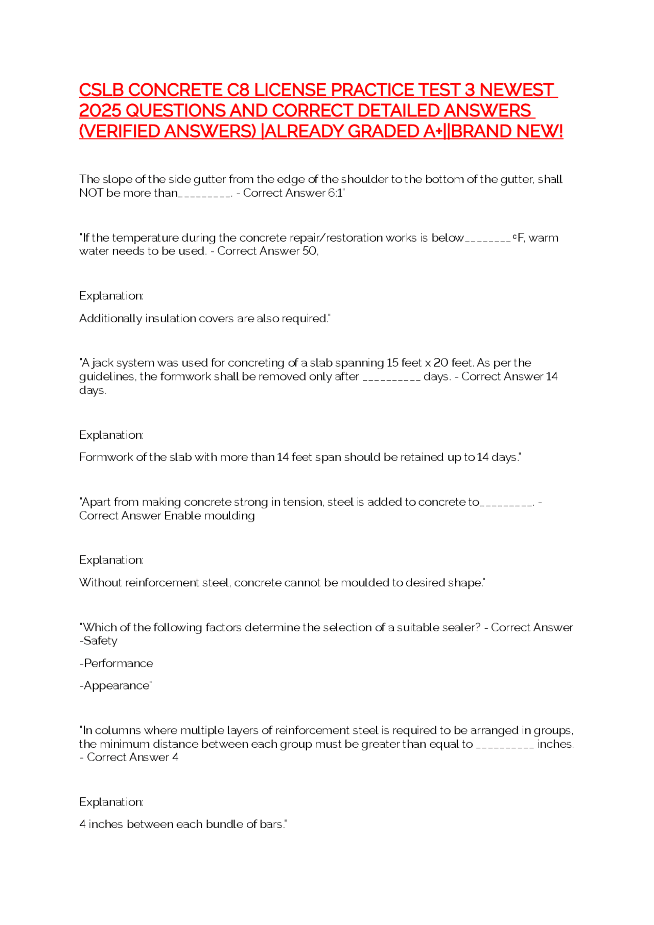 CSLB CONCRETE C8 LICENSE PRACTICE TEST 3 NEWEST 2025 QUESTIONS AND ...