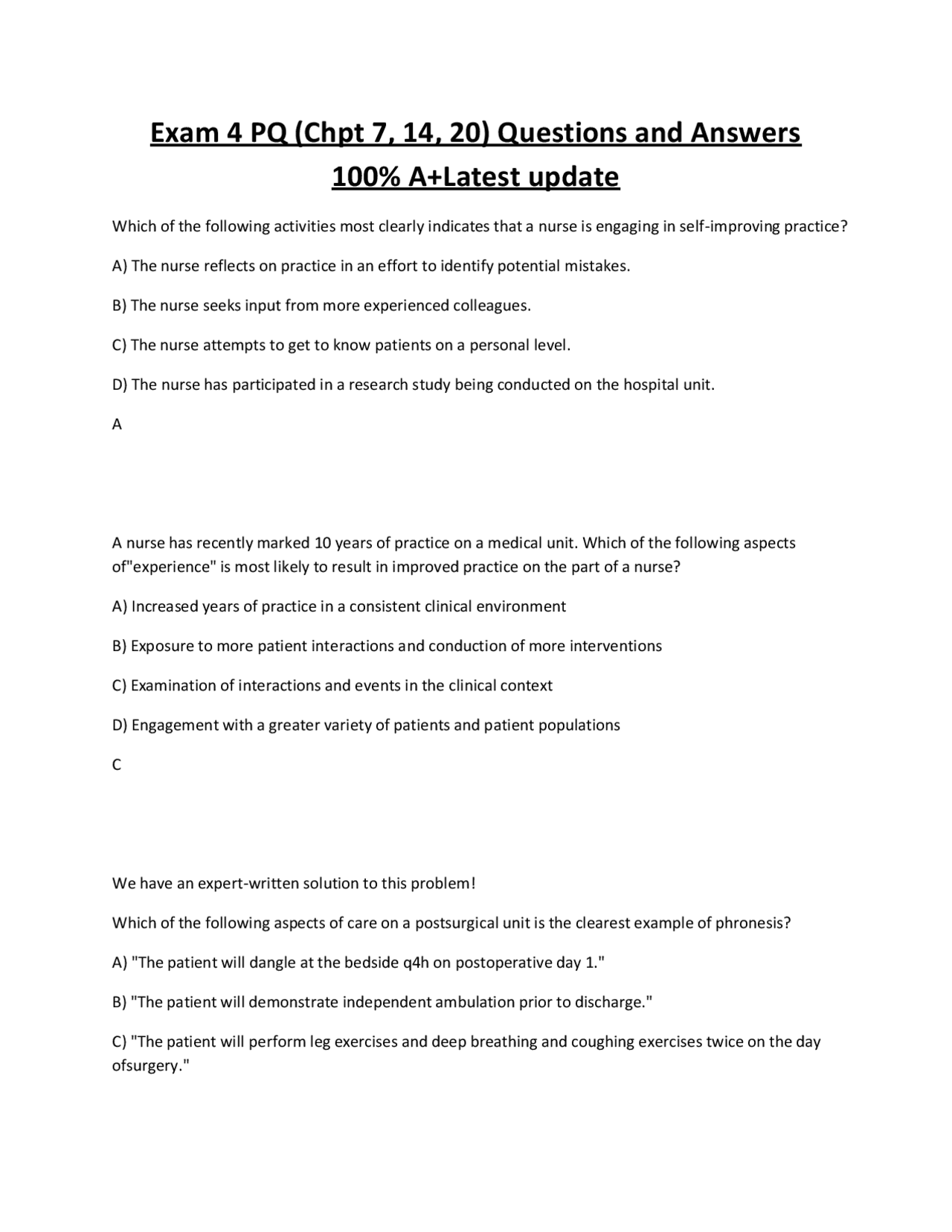 Exam 4 PQ (Chpt 7, 14, 20) Questions and Answers 100% A+Latest update ...