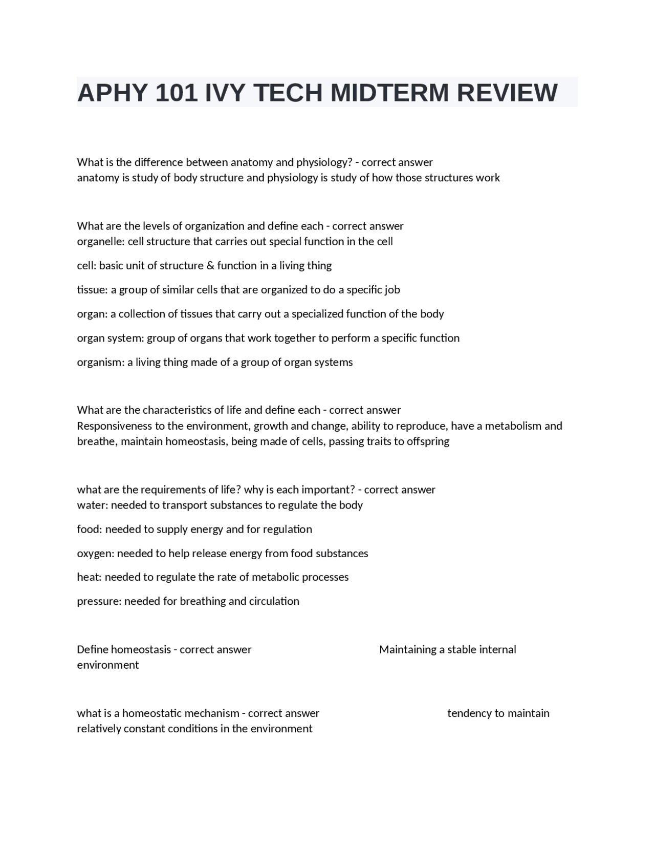 APHY 101 IVY TECH MIDTERM REVIEW: Anatomy, Physiology, and Basic ...