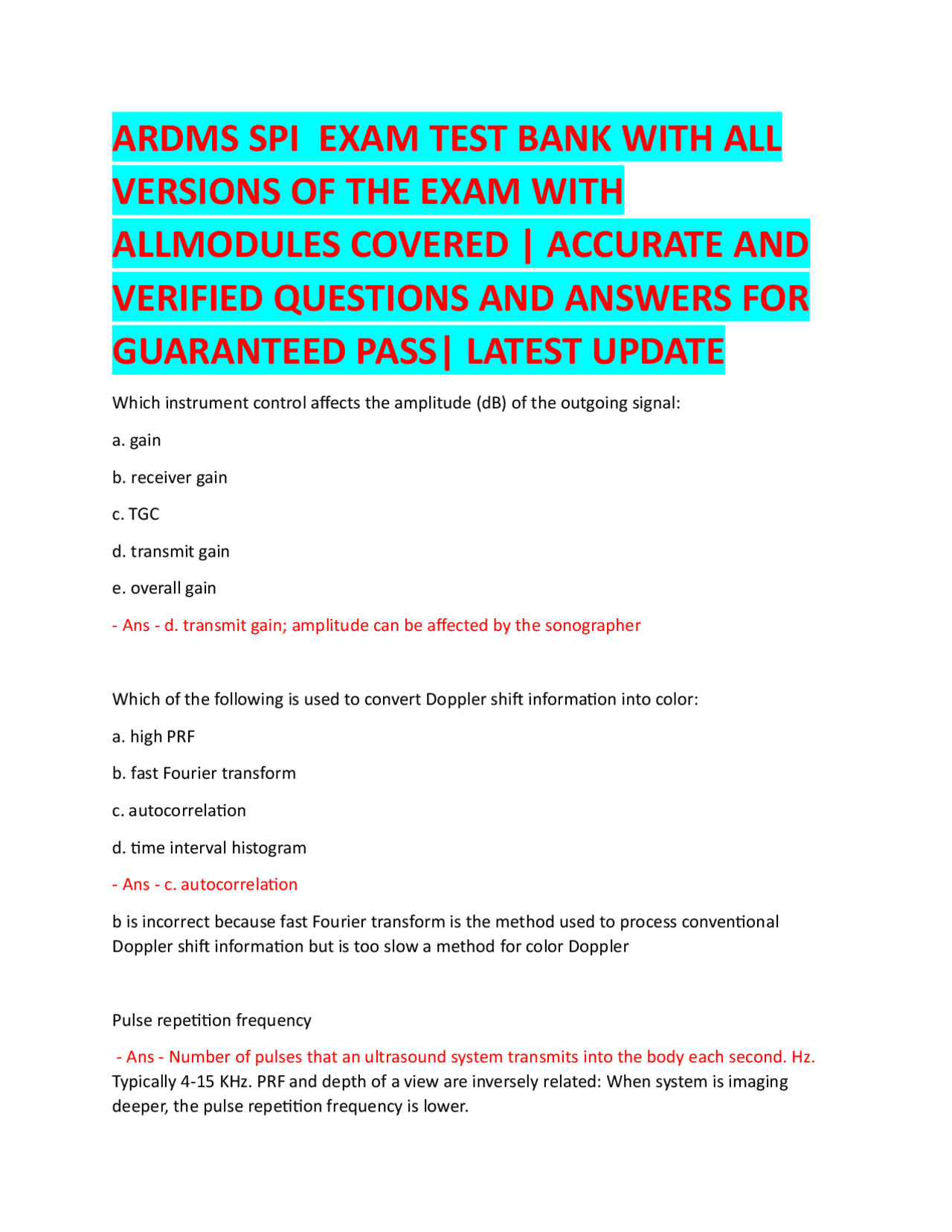 ARDMS SPI EXAM TEST BANK WITH ALL VERSIONS OF THE EXAM WITH ALLMODULES ...