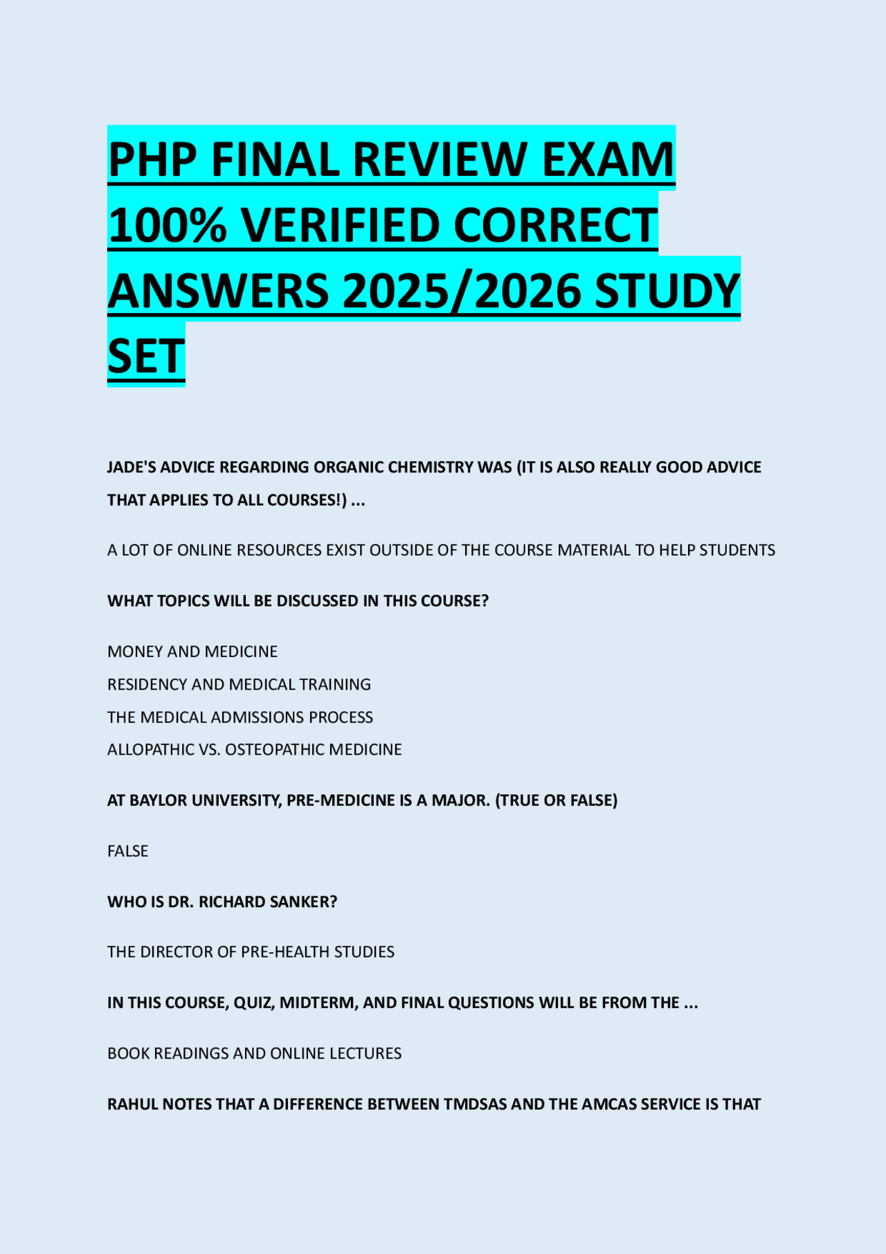 PHP FINAL REVIEW EXAM 100% VERIFIED CORRECT ANSWERS 2025/2026 STUDY SET ...