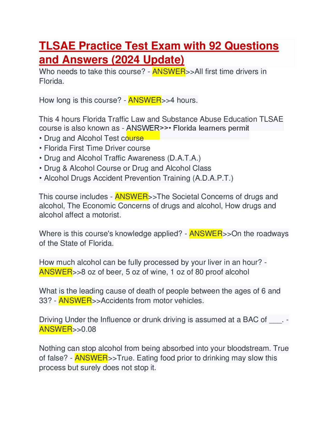 Tlsae Practice Test Exam With 92 Questions And Answers 2024 Update Exams Law Docsity