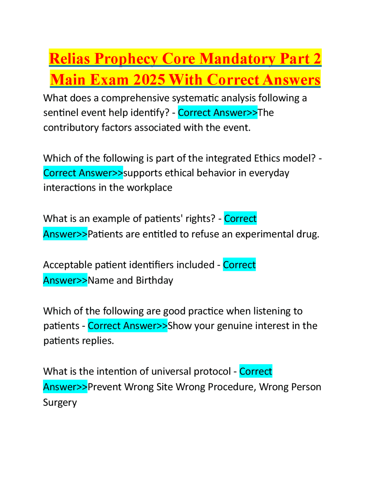 Relias Prophecy Core Mandatory Part 2 Main Exam 2025 With Correct ...