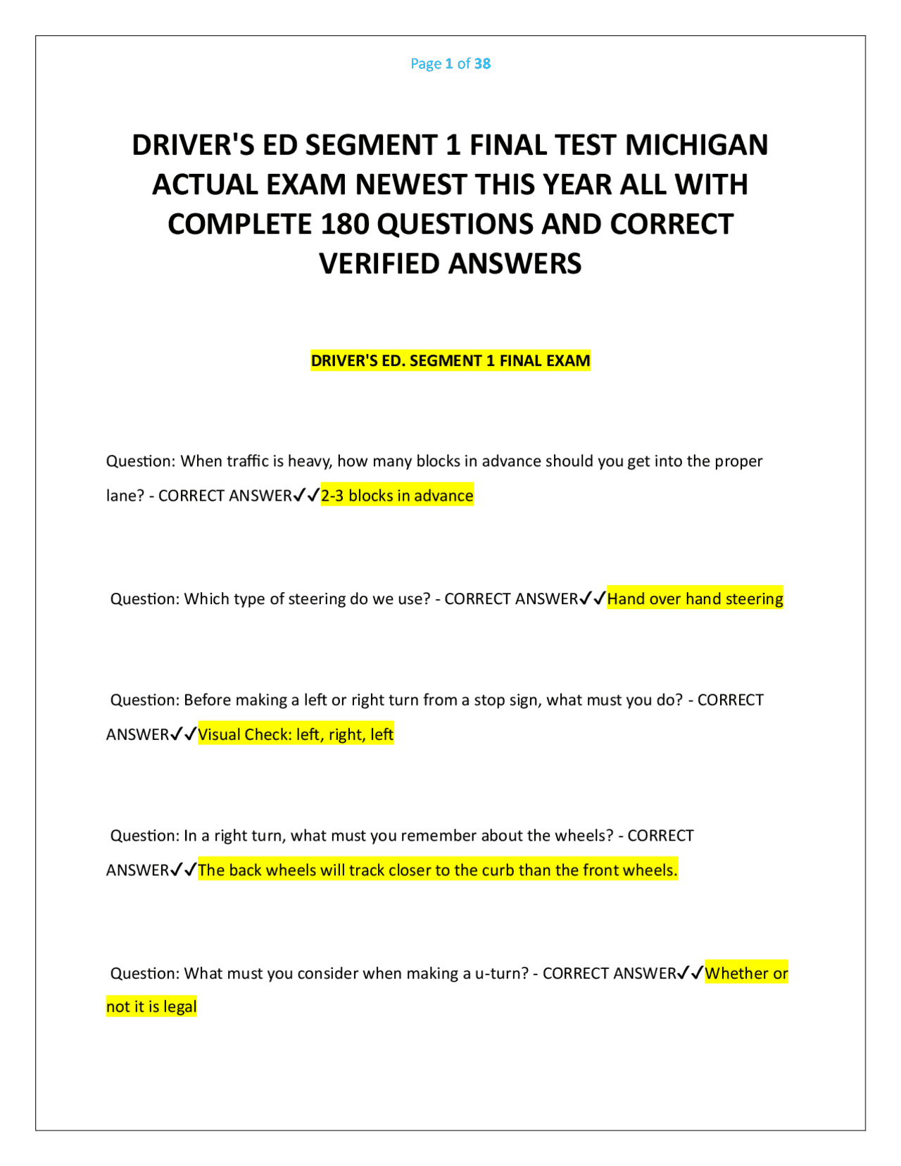 DRIVER'S ED SEGMENT 1 FINAL TEST MICHIGAN ACTUAL EXAM NEWEST THIS YEAR ...