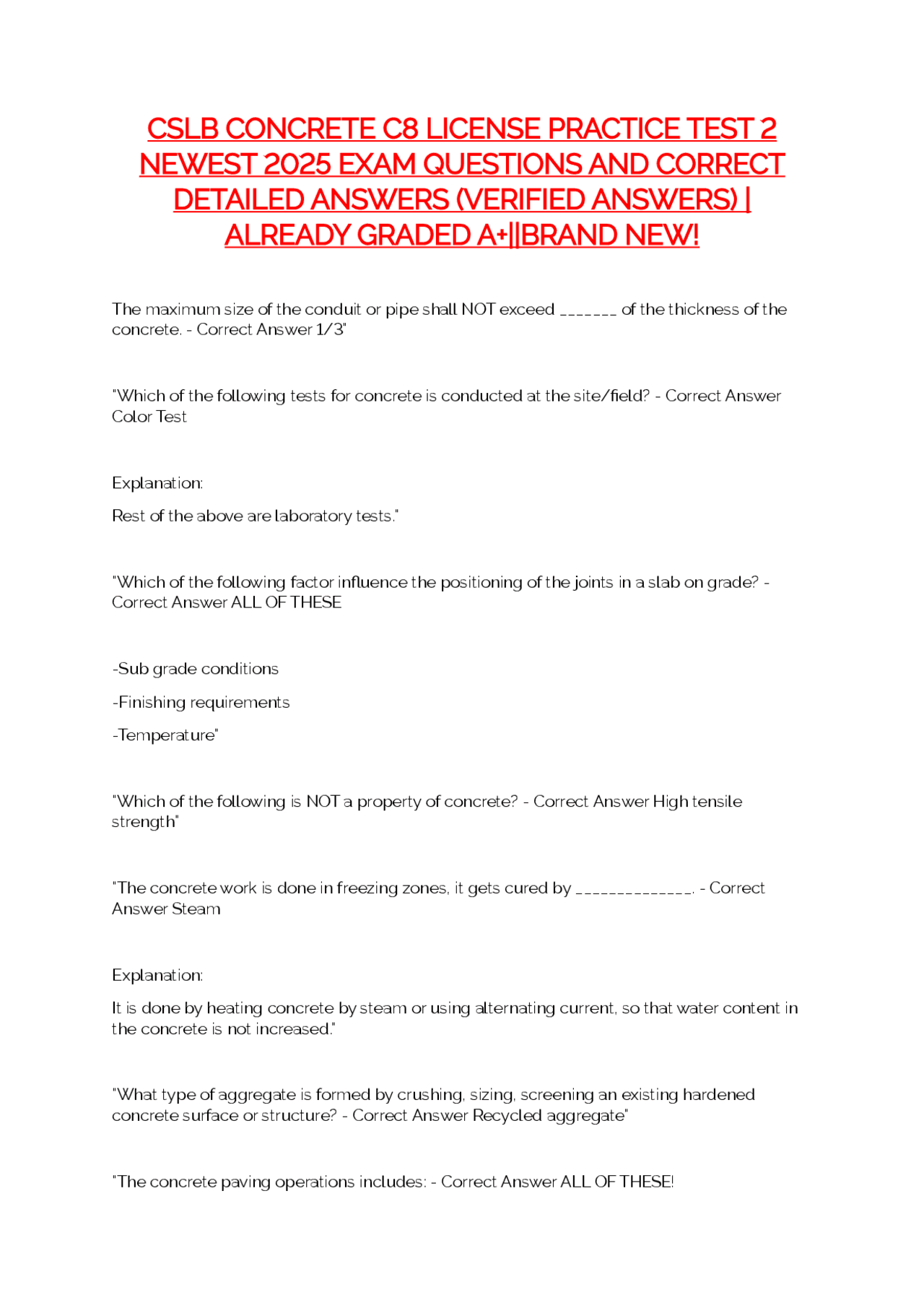 CSLB CONCRETE C8 LICENSE PRACTICE TEST 2 NEWEST 2025 EXAM QUESTIONS AND ...