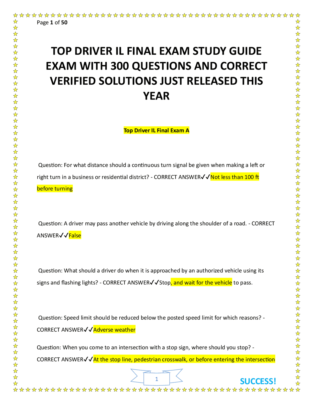 TOP DRIVER IL FINAL EXAM STUDY GUIDE EXAM WITH 300 QUESTIONS AND ...