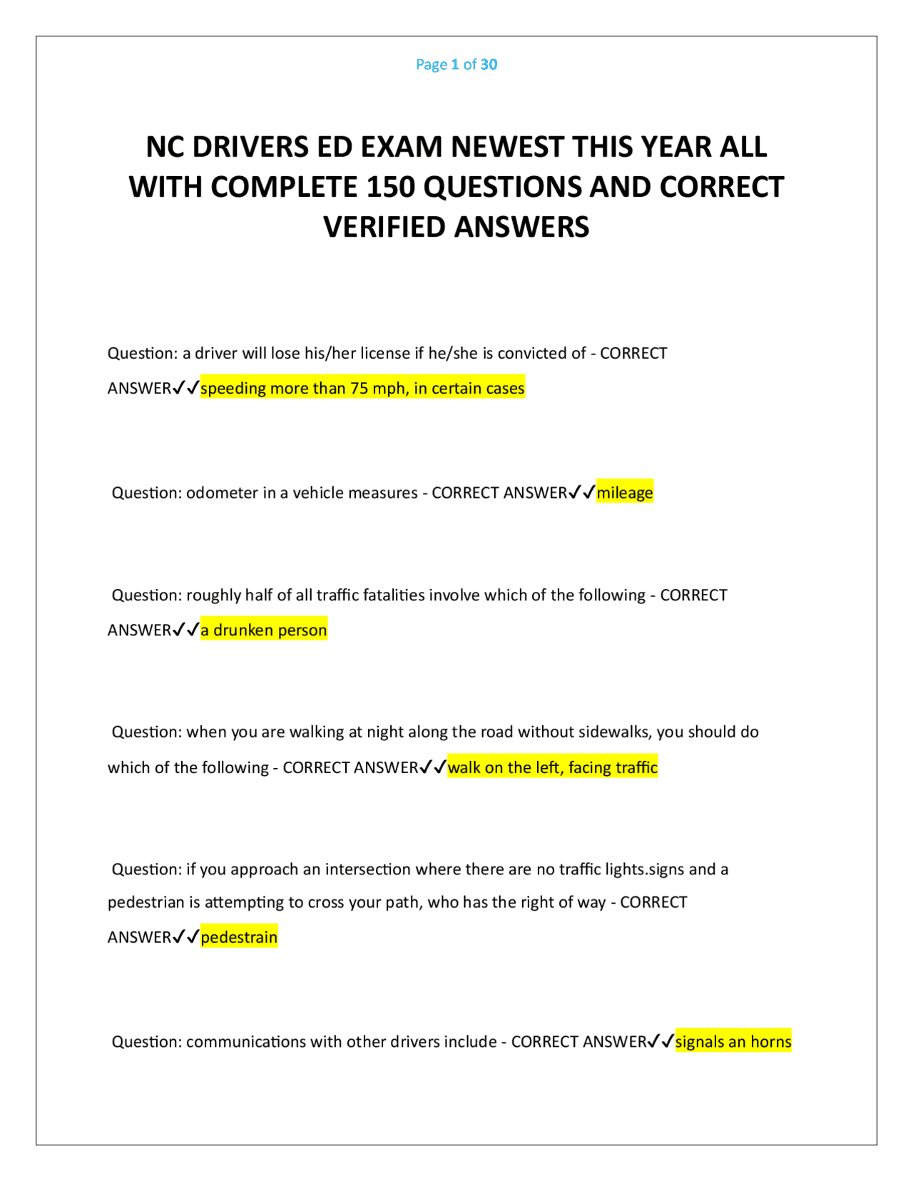 NC DRIVERS ED EXAM NEWEST THIS YEAR ALL WITH COMPLETE 150 QUESTIONS AND ...