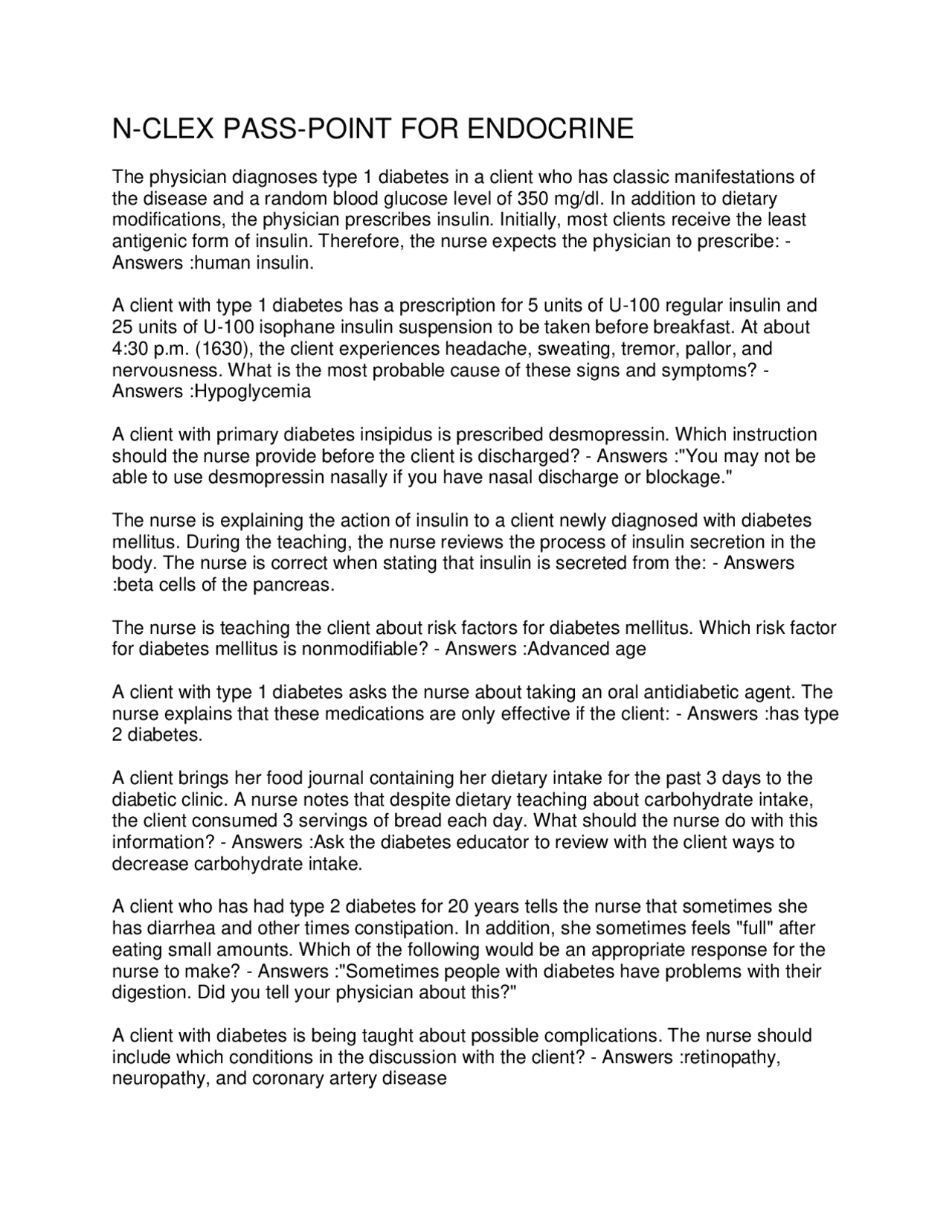 N-CLEX Pass-Point for Endocrine: Multiple Choice Questions and Answers | Exams Nursing | Docsity