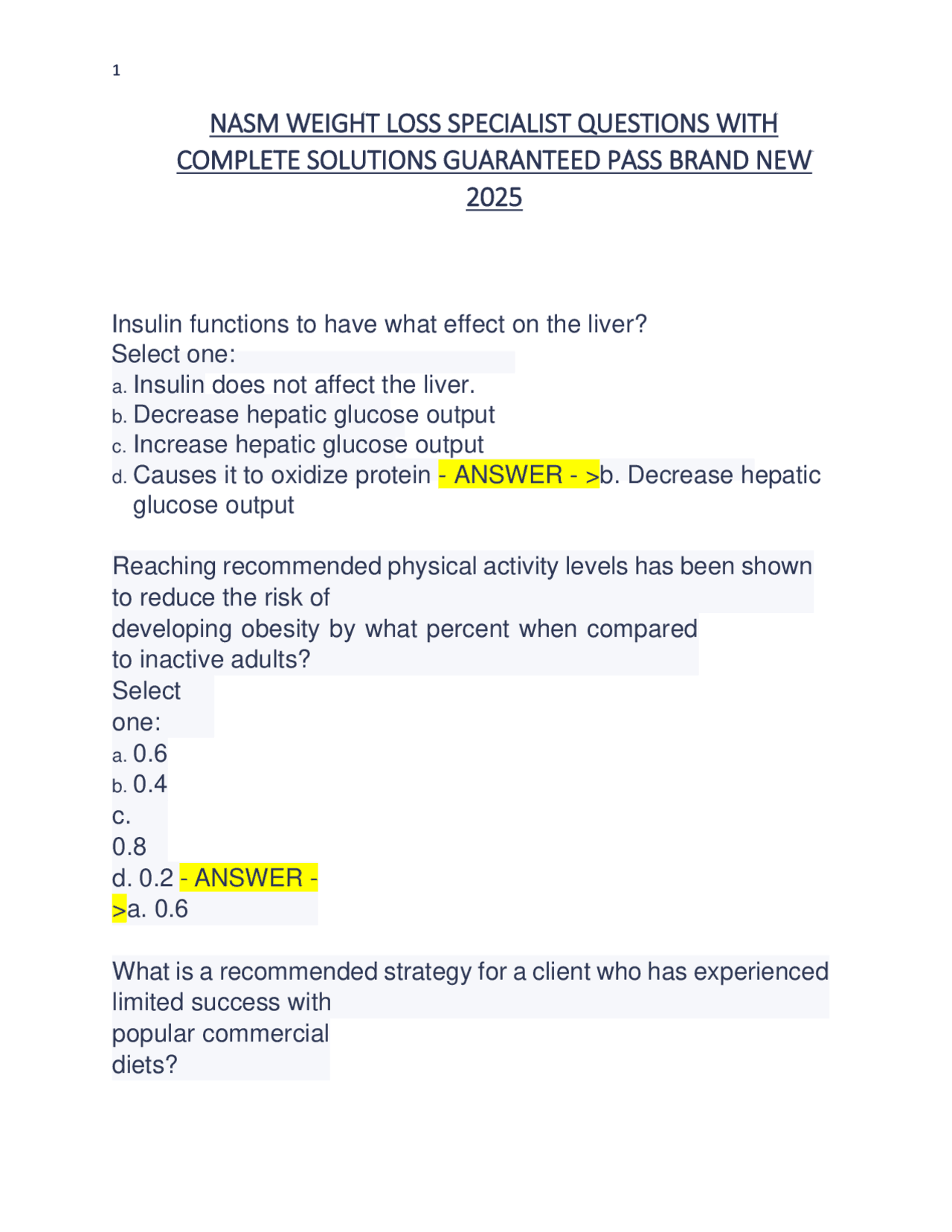 NASM WEIGHT LOSS SPECIALIST QUESTIONS WITH COMPLETE SOLUTIONS ...