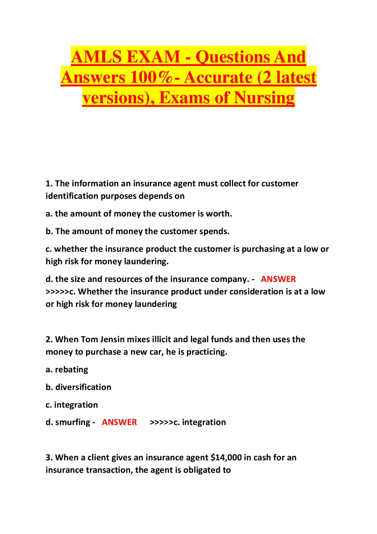 Anti-Money Laundering (AML) Exam Questions and Answers | Exams Nursing ...