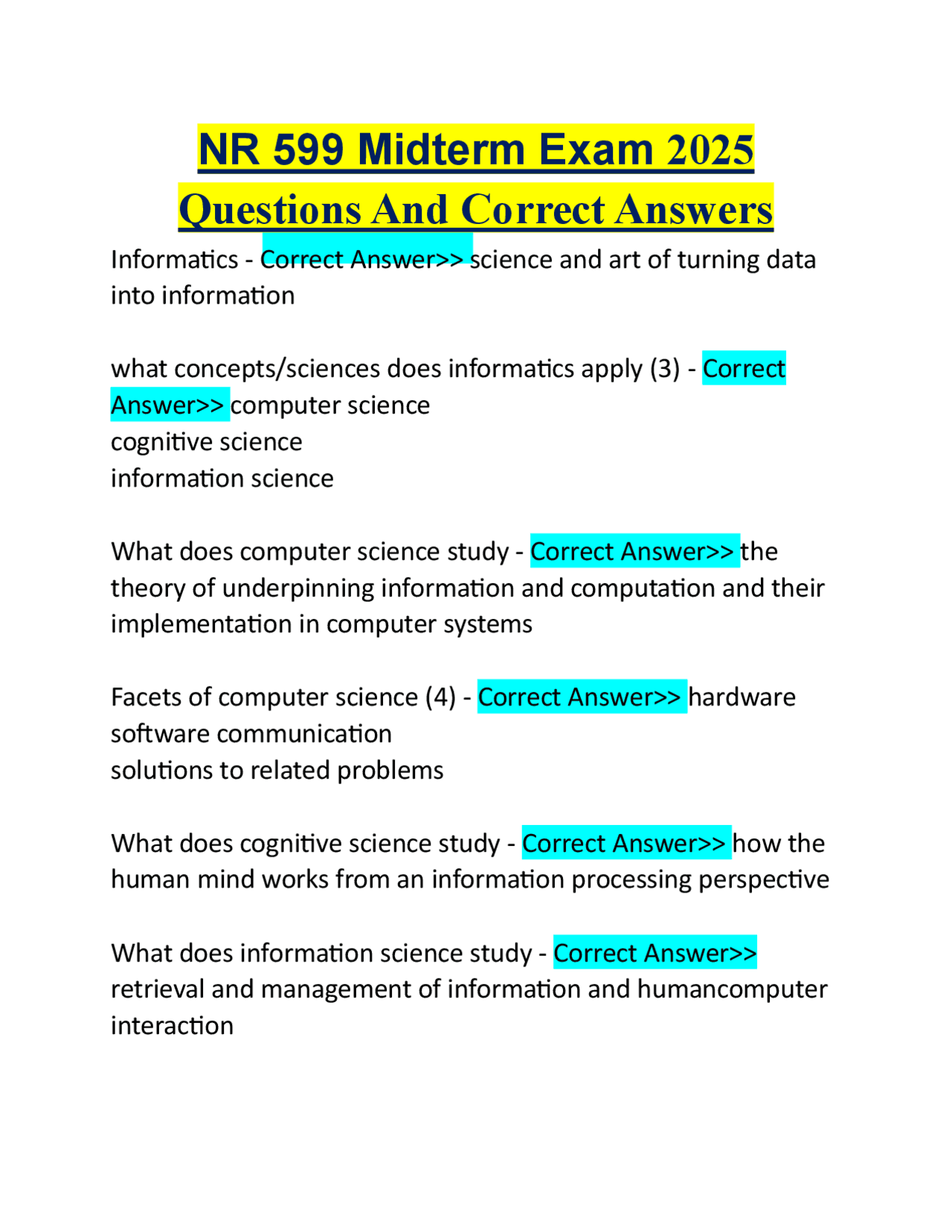 NR 599 Midterm Exam 2025: Informatics Concepts and Applications | Exams Nursing | Docsity