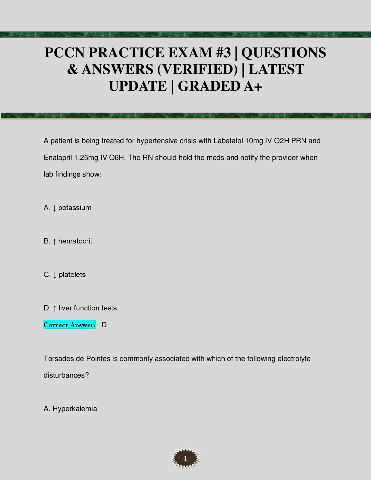 PCCN PRACTICE EXAM #3 | QUESTIONS & ANSWERS (VERIFIED) | LATEST UPDATE ...