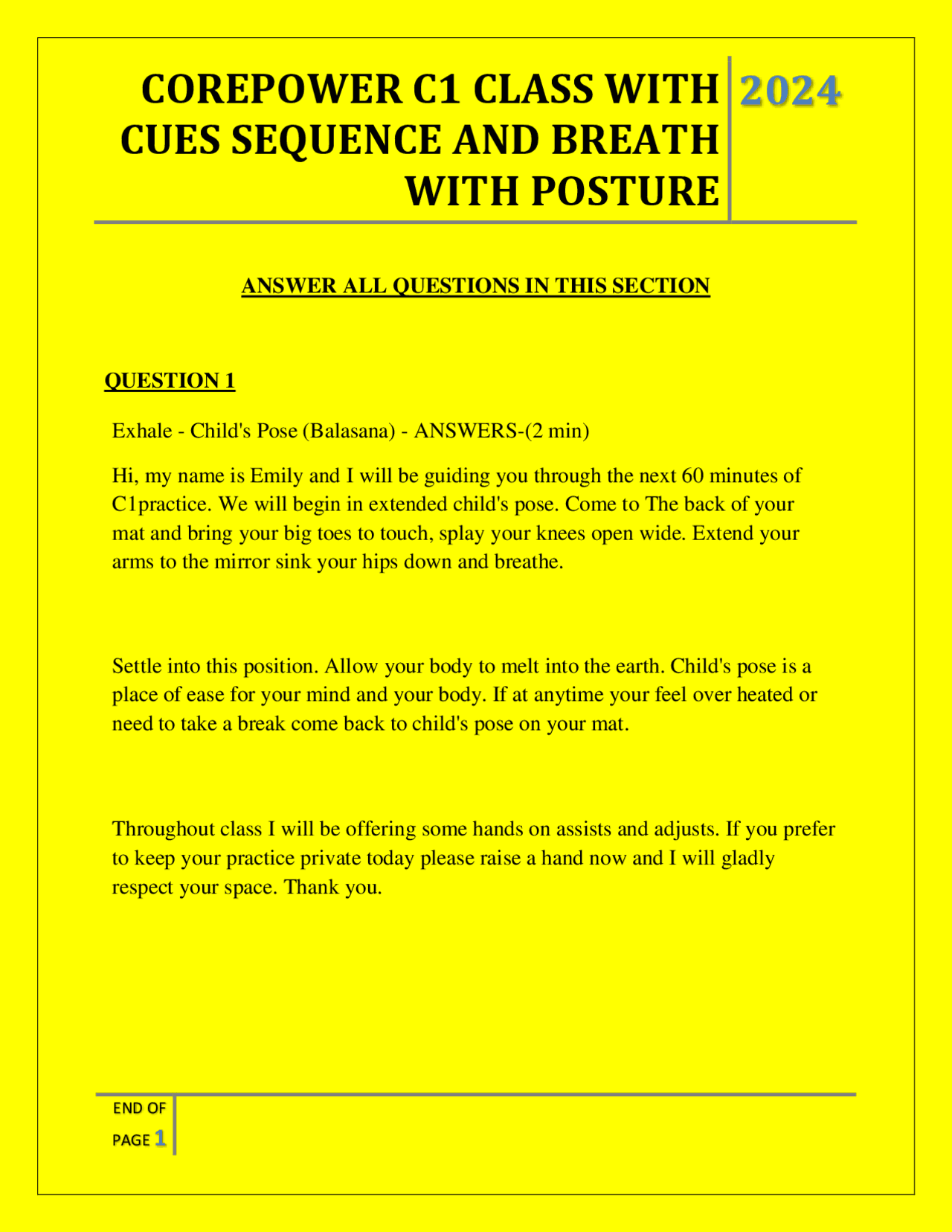 COREPOWER C1 CLASS WITH CUES SEQUENCE AND BREATH WITH POSTURE QUESTIONS ...