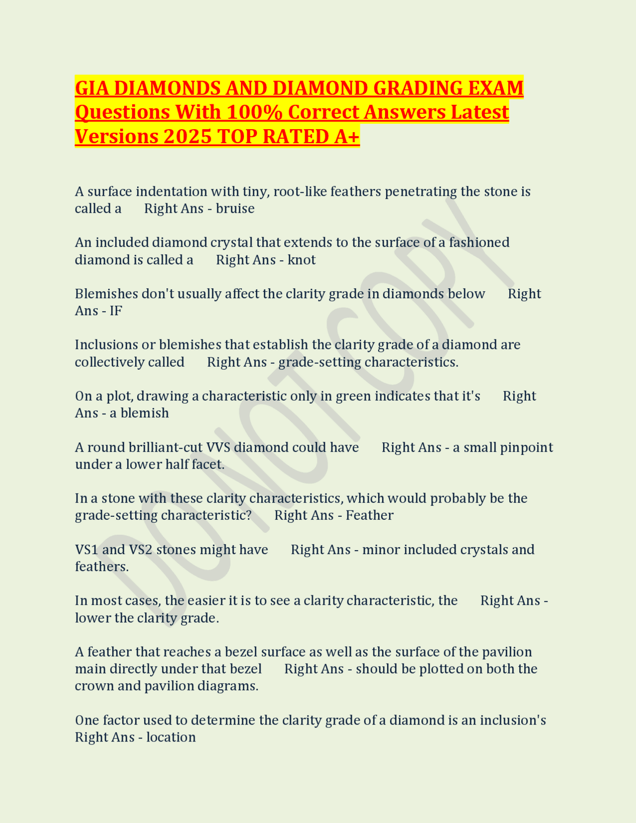GIA DIAMONDS AND DIAMOND GRADING EXAM Questions With 100% Correct ...