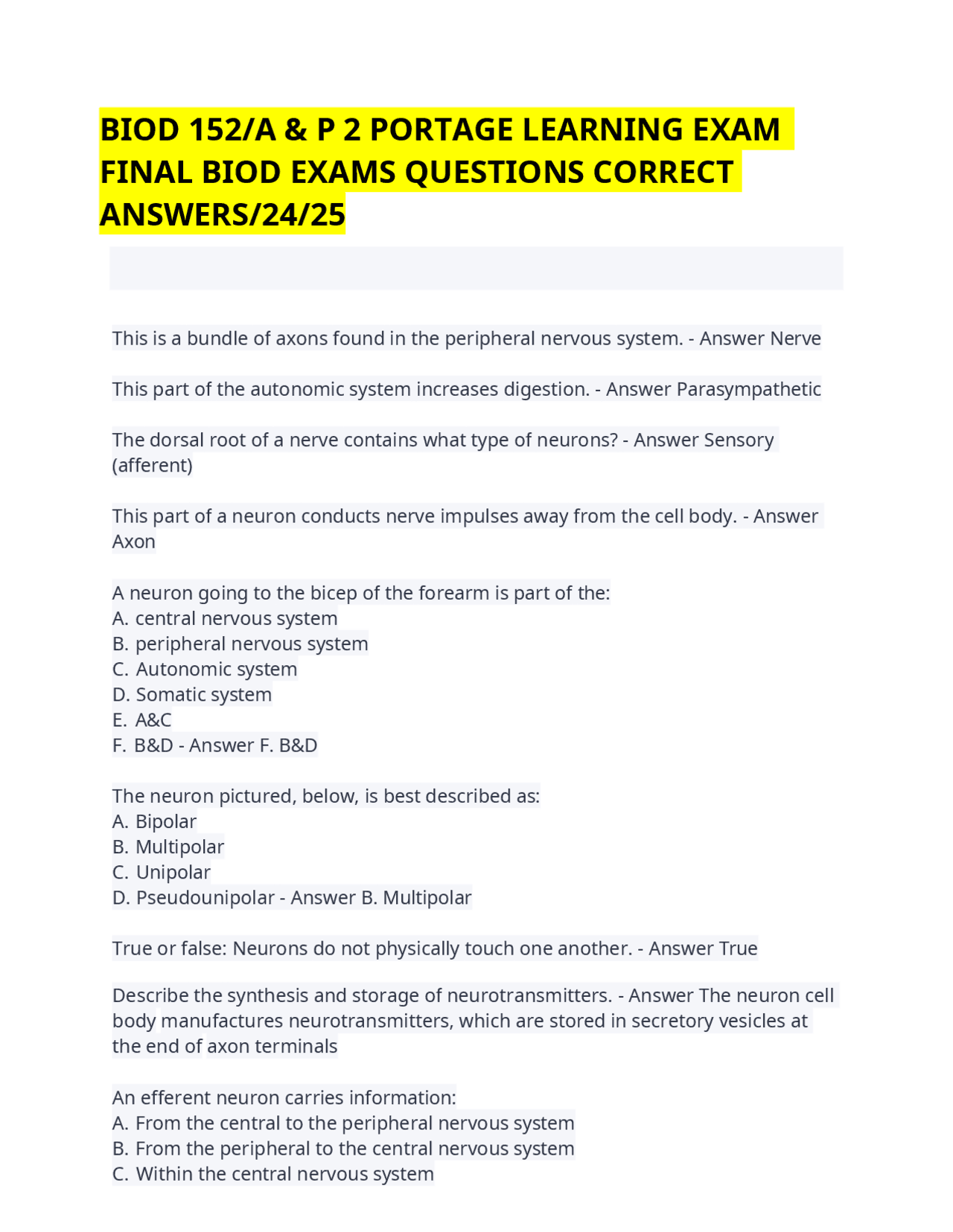 BIOD 152/A & P 2 PORTAGE LEARNING EXAM FINAL BIOD EXAMS QUESTIONS CORRECT ANSWERS/24/25 | Exams ...