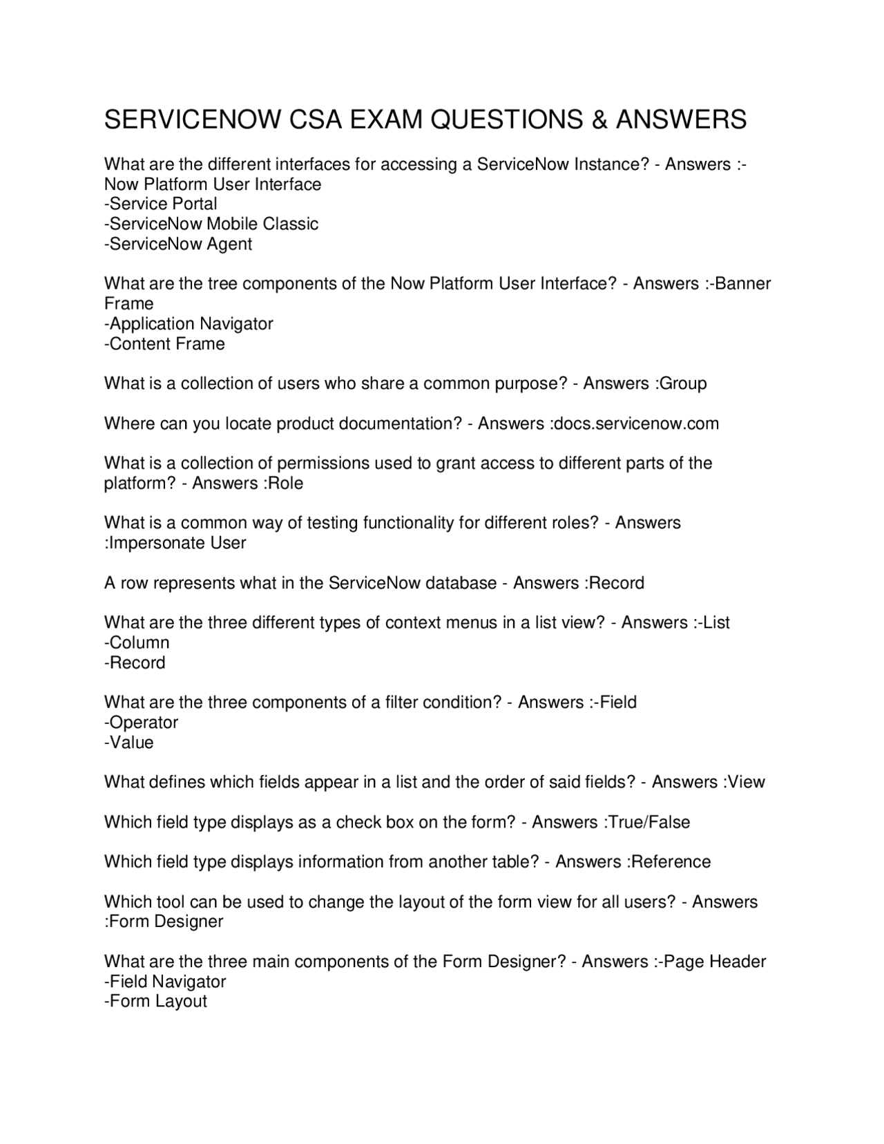 ServiceNow CSA Exam Questions and Answers | Exams Social Sciences | Docsity