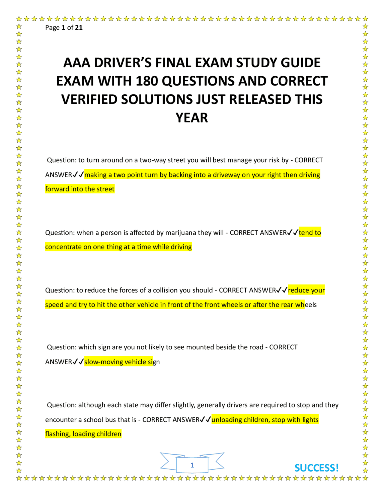 AAA DRIVER’S FINAL EXAM STUDY GUIDE EXAM WITH 180 QUESTIONS AND CORRECT ...