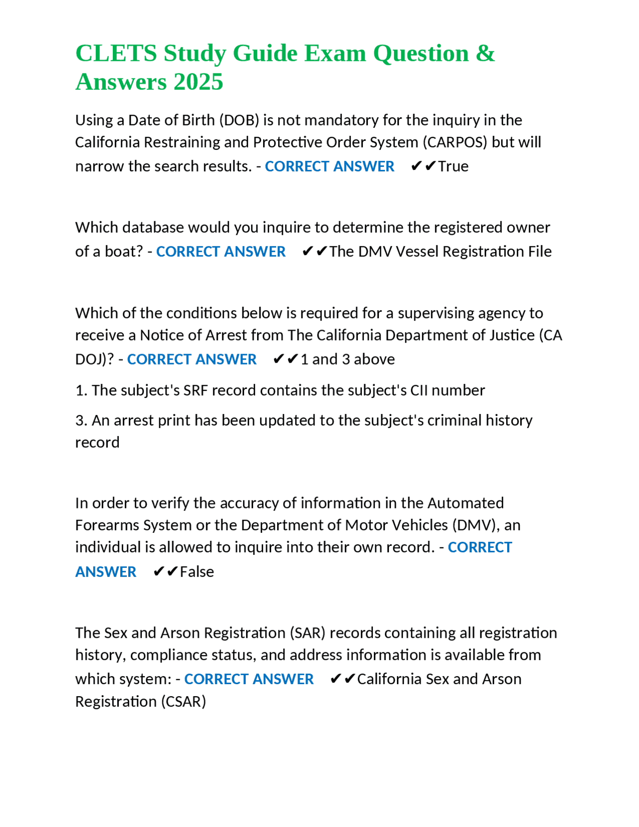 CLETS Study Guide Exam Questions and Answers 2025 | Exams Nursing | Docsity