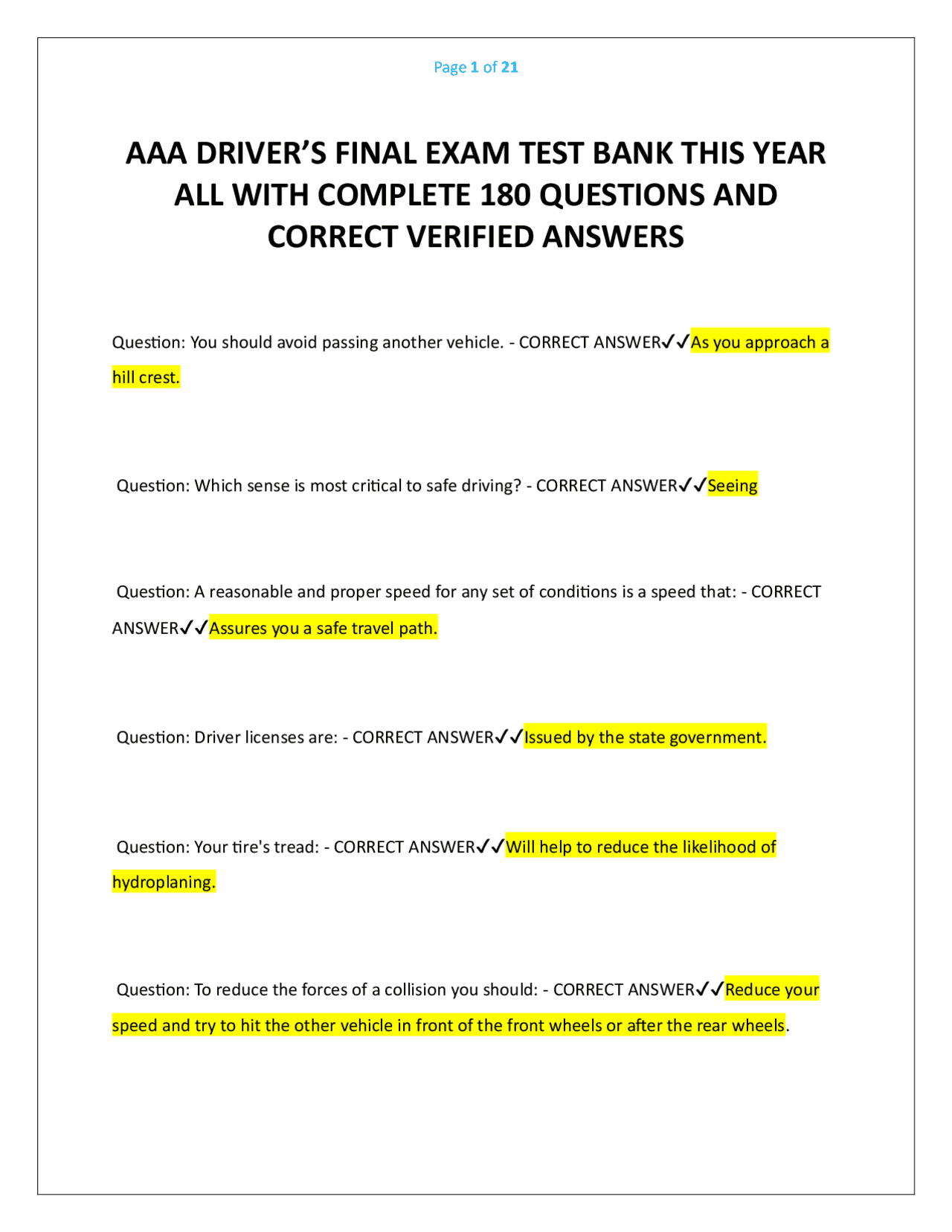 AAA Driver's Final Exam Test Bank: 180 Questions and Answers | Exams ...