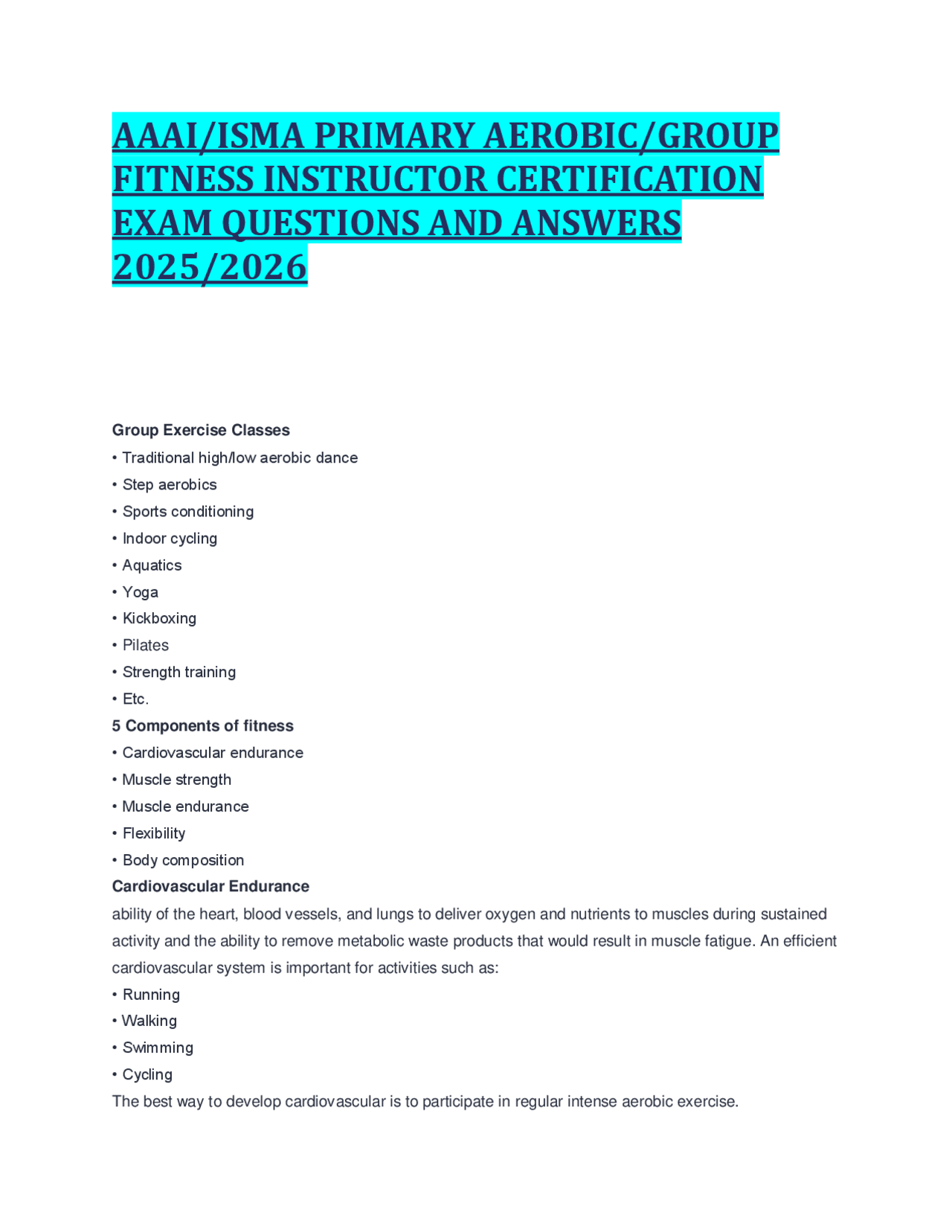 AAAI/ISMA Primary Aerobic/Group Fitness Instructor Exam Questions ...