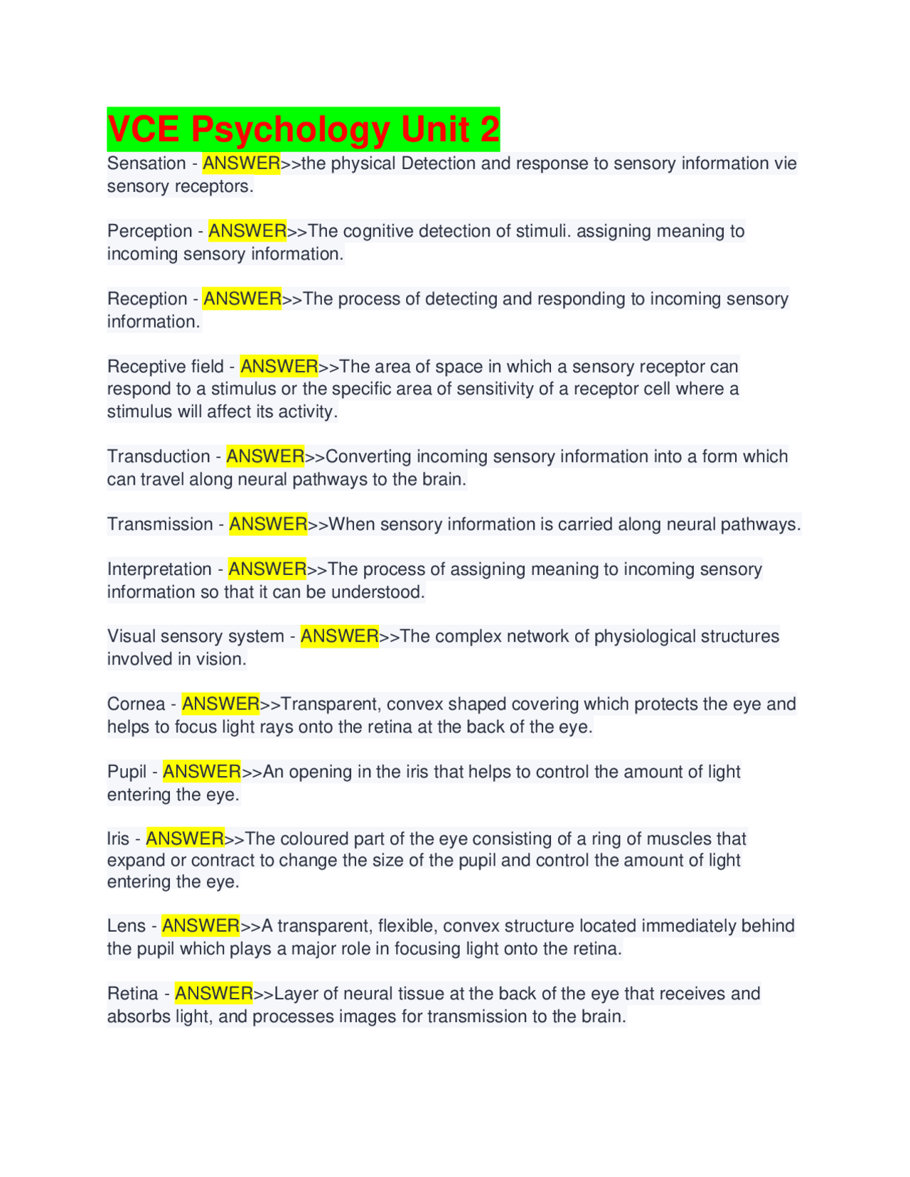 VCE Psychology Unit 2 VERIFIED QUESTIONS AND ANSWERS | Exams Nursing ...