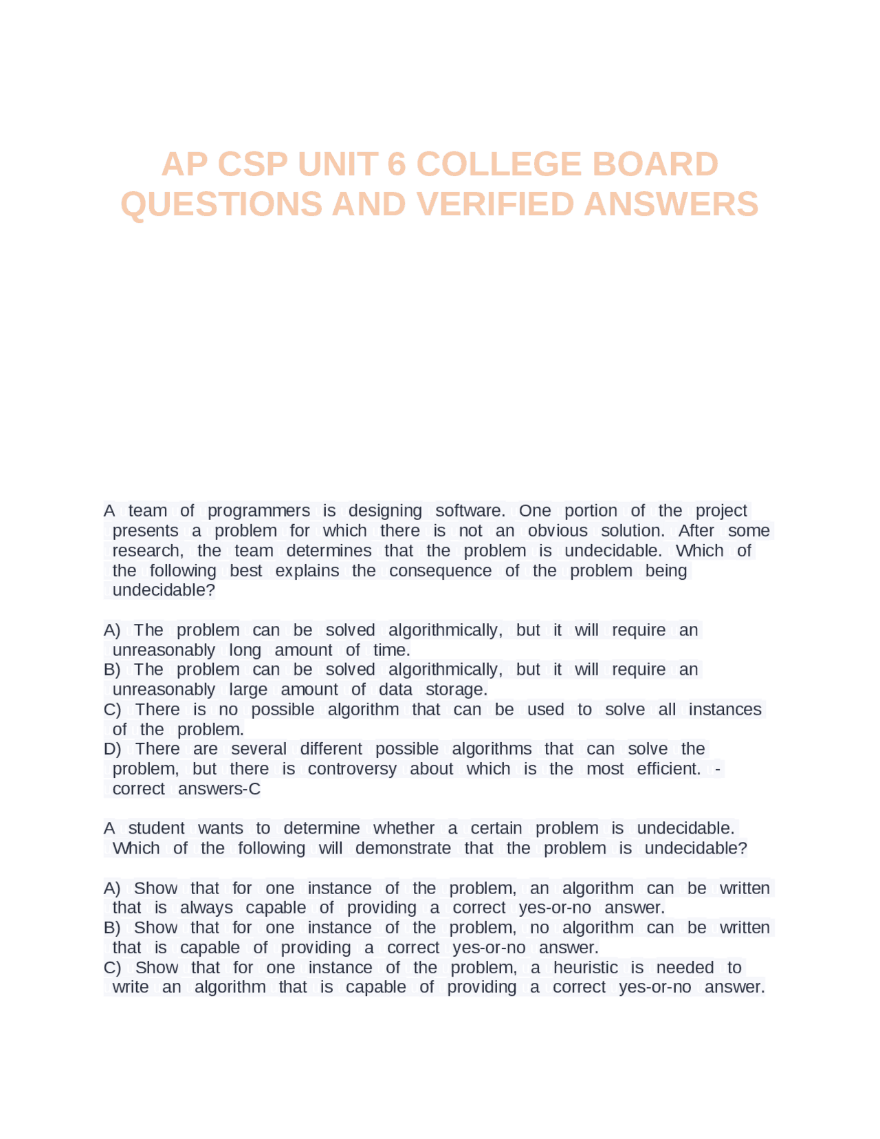 Ap Csp Unit 6 College Board Questions And Verified Answers Exams Advanced Education Docsity
