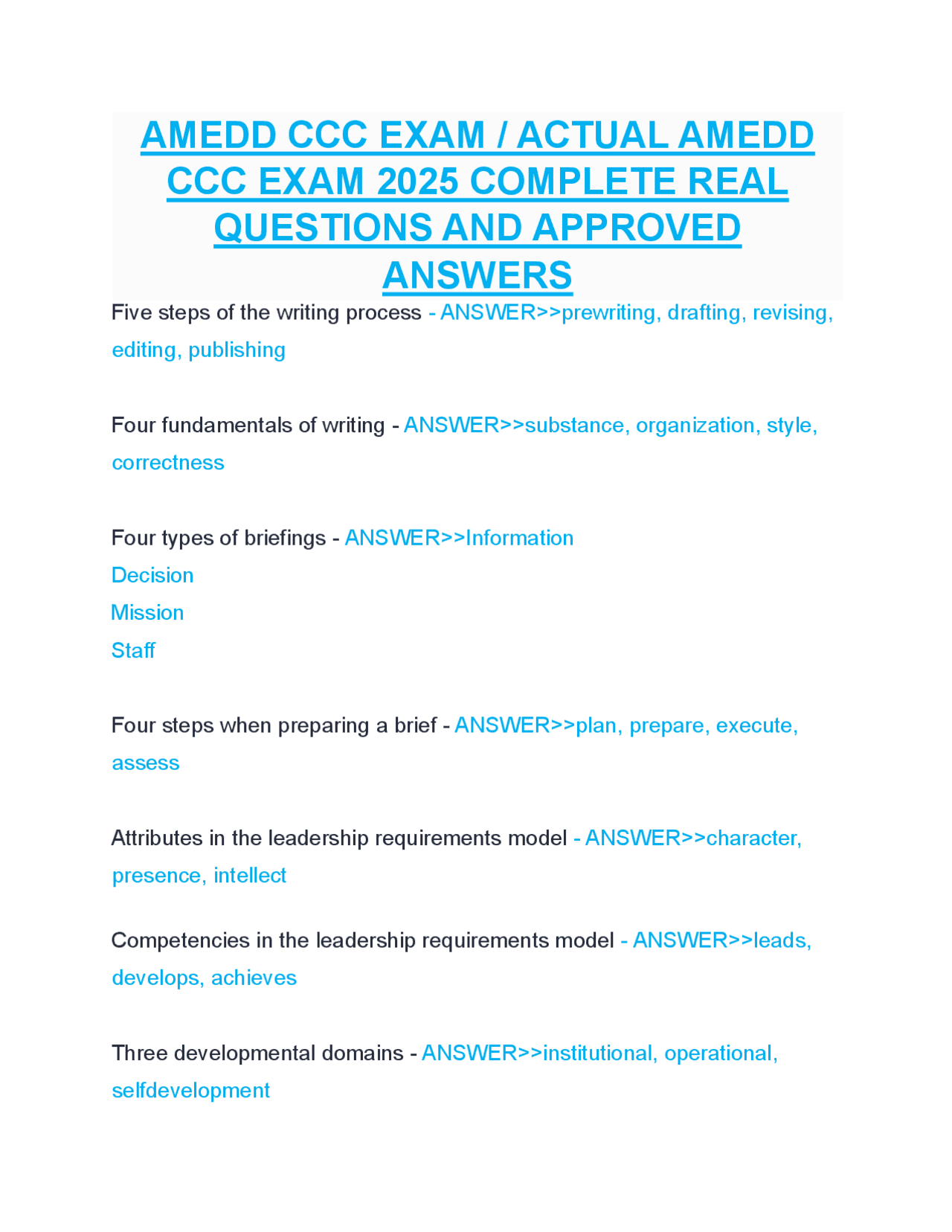 AMEDD CCC EXAM / ACTUAL AMEDD CCC EXAM 2025 COMPLETE REAL QUESTIONS AND ...