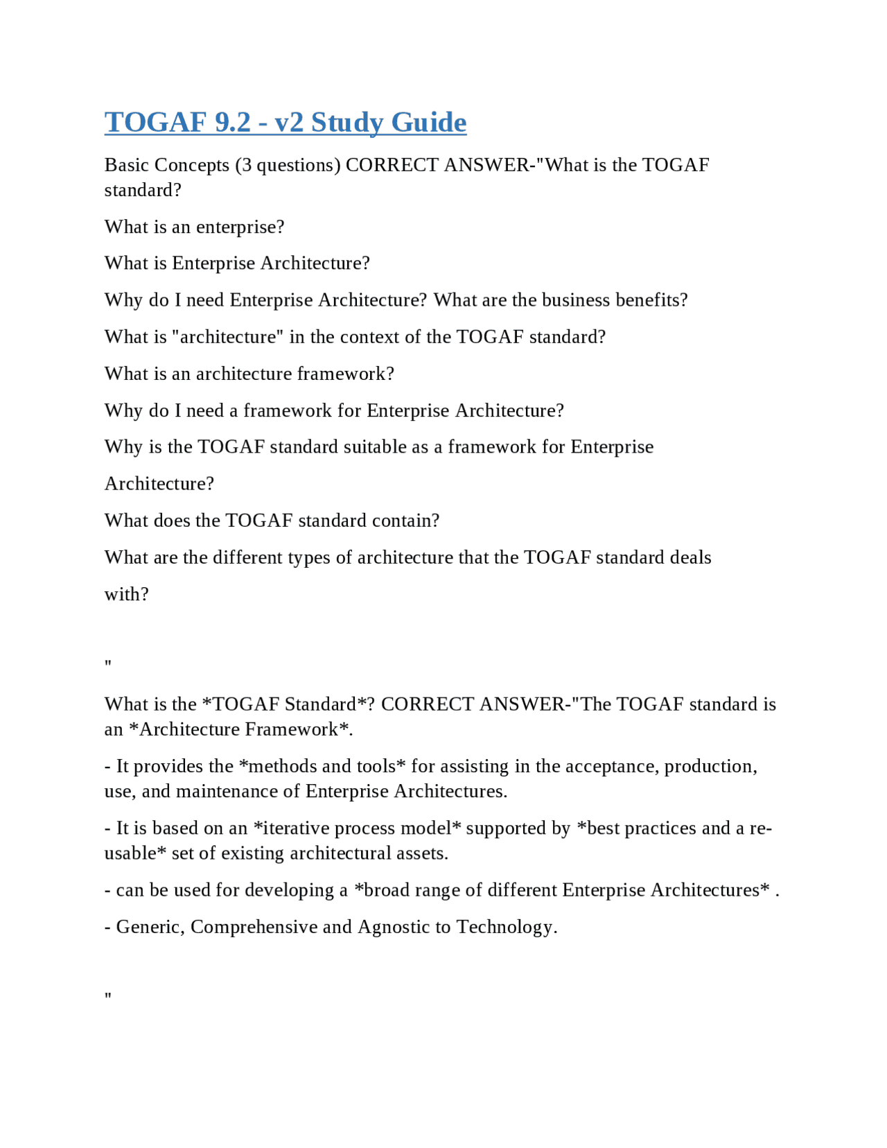 TOGAF 9.2 - v2 Study Guide | Exams Advanced Education | Docsity