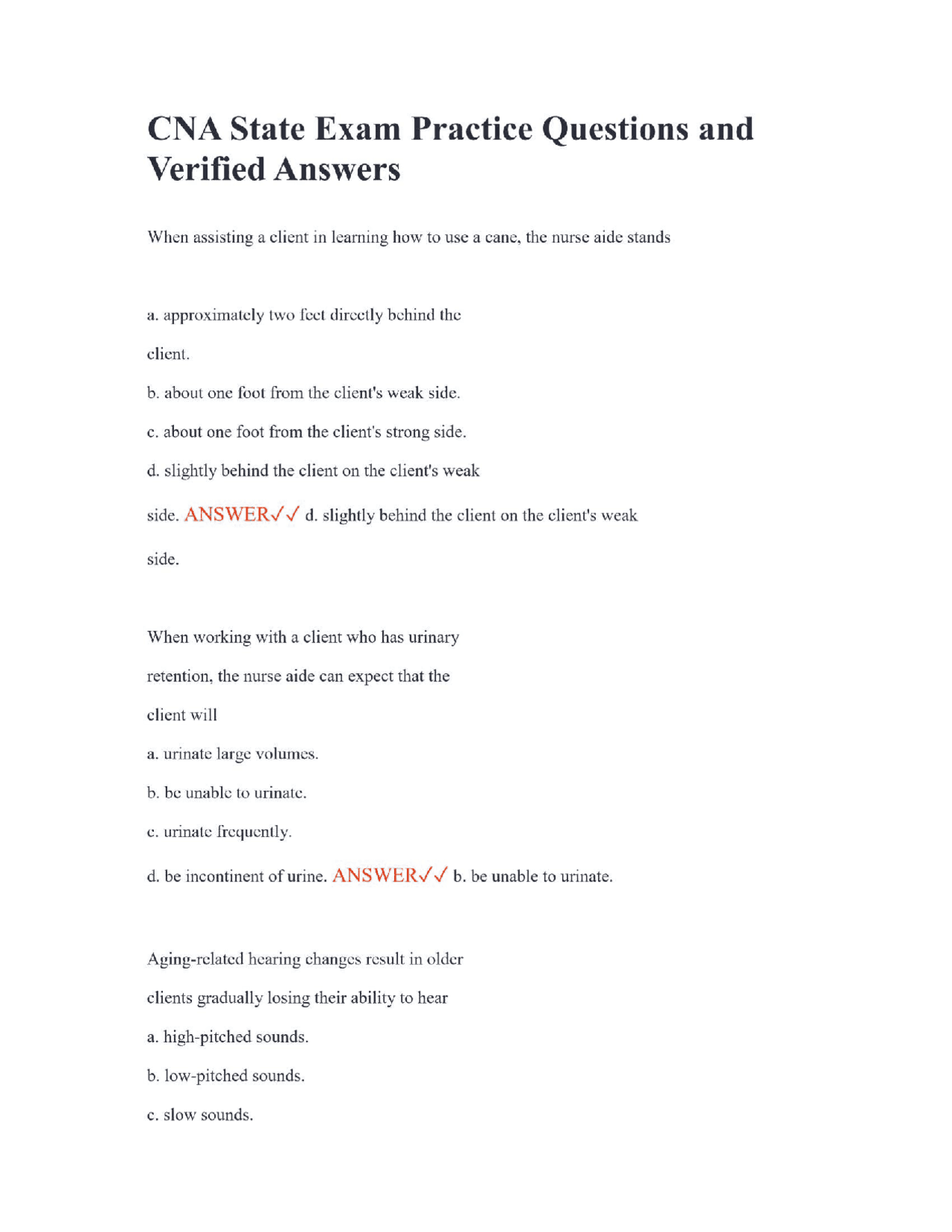 CNA State Exam Practice Questions and Verified Answers | Exams Nursing ...