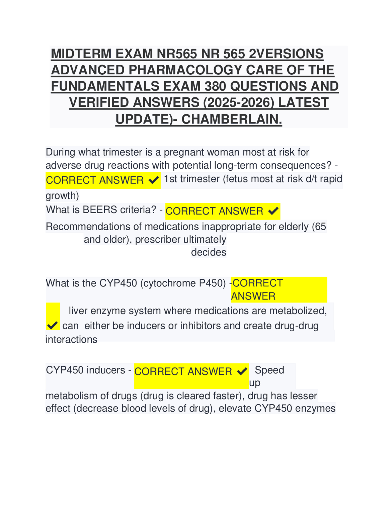 MIDTERM EXAM NR565 NR 565 2VERSIONS ADVANCED PHARMACOLOGY CARE OF THE FUNDAMENTALS EXAM | Exams ...