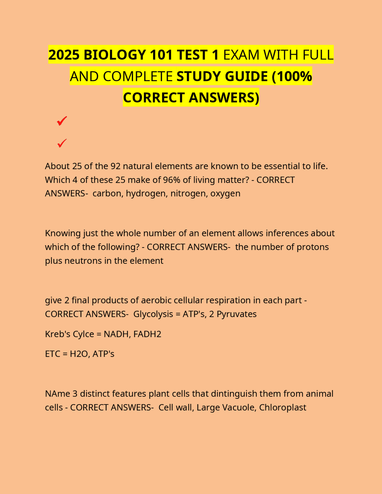 2025 BIOLOGY 101 TEST 1 EXAM WITH FULL AND COMPLETE STUDY GUIDE (100% ...