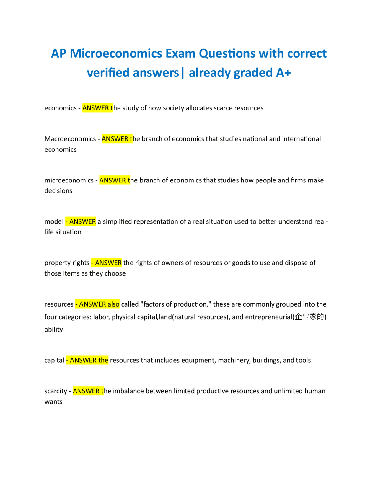 AP Microeconomics Exam Questions with correct verified answers| already ...