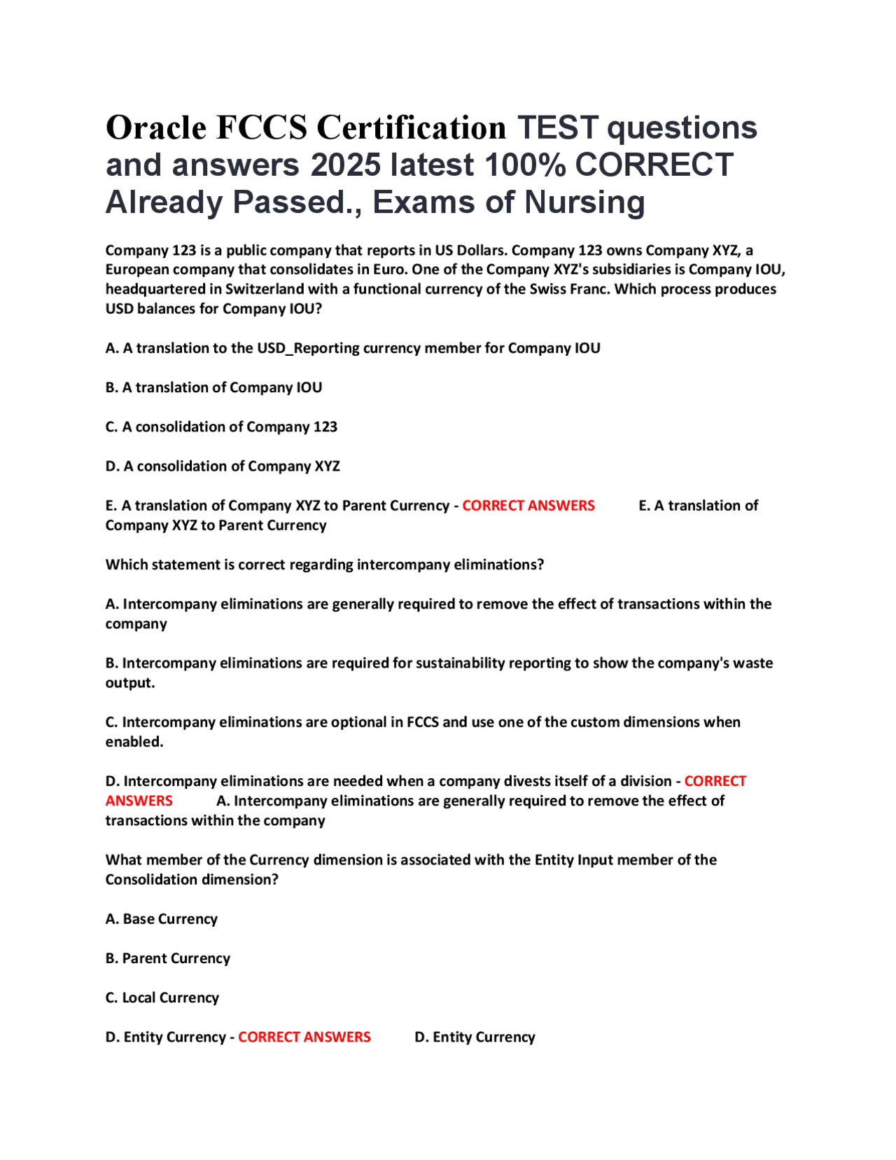 Oracle FCCS Certification TEST questions and answers 2025 latest 100% ...