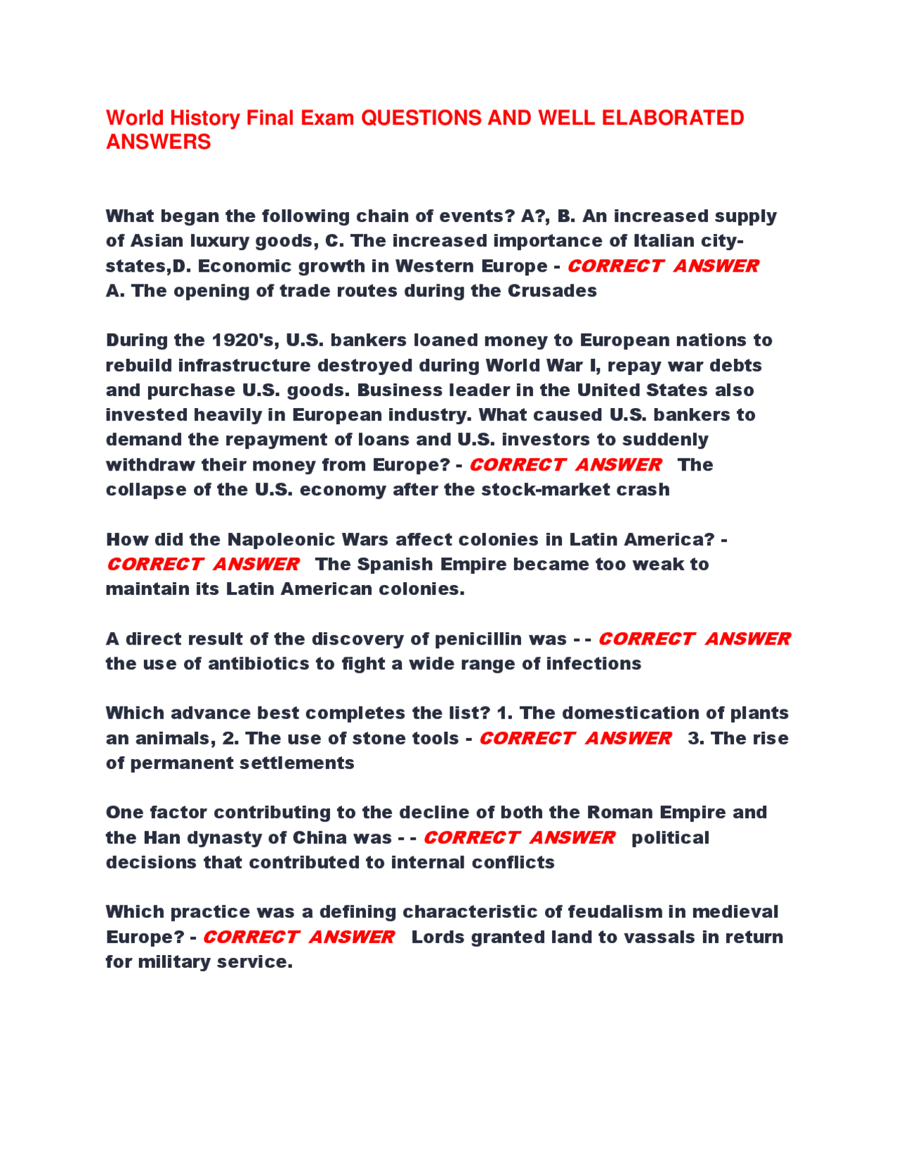 World History Final Exam Questions and Answers | Exams Nursing | Docsity