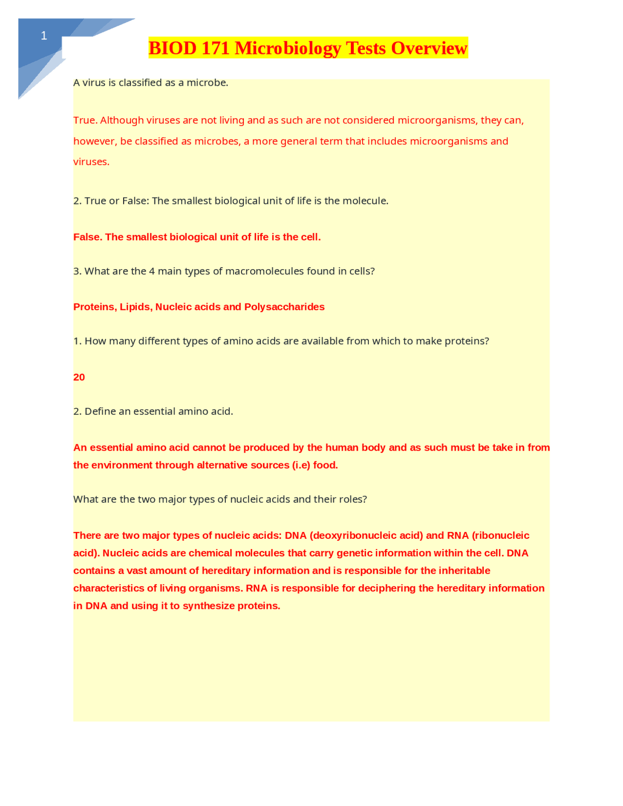BIOD 171 Microbiology Tests Overview: Exercises and Questions | Exams ...