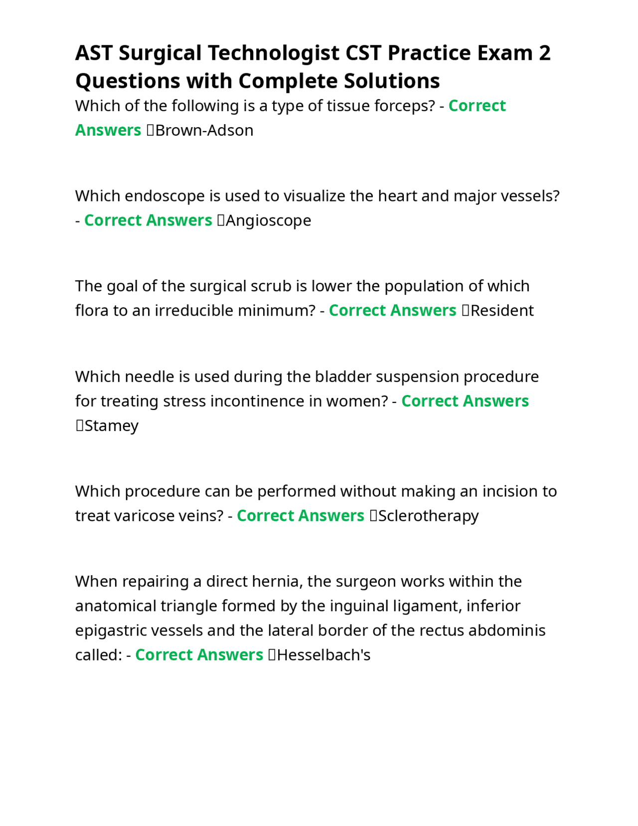 Ast Surgical Technologist Cst Practice Exam 2 Questions With Complete Solutions Exams Nursing