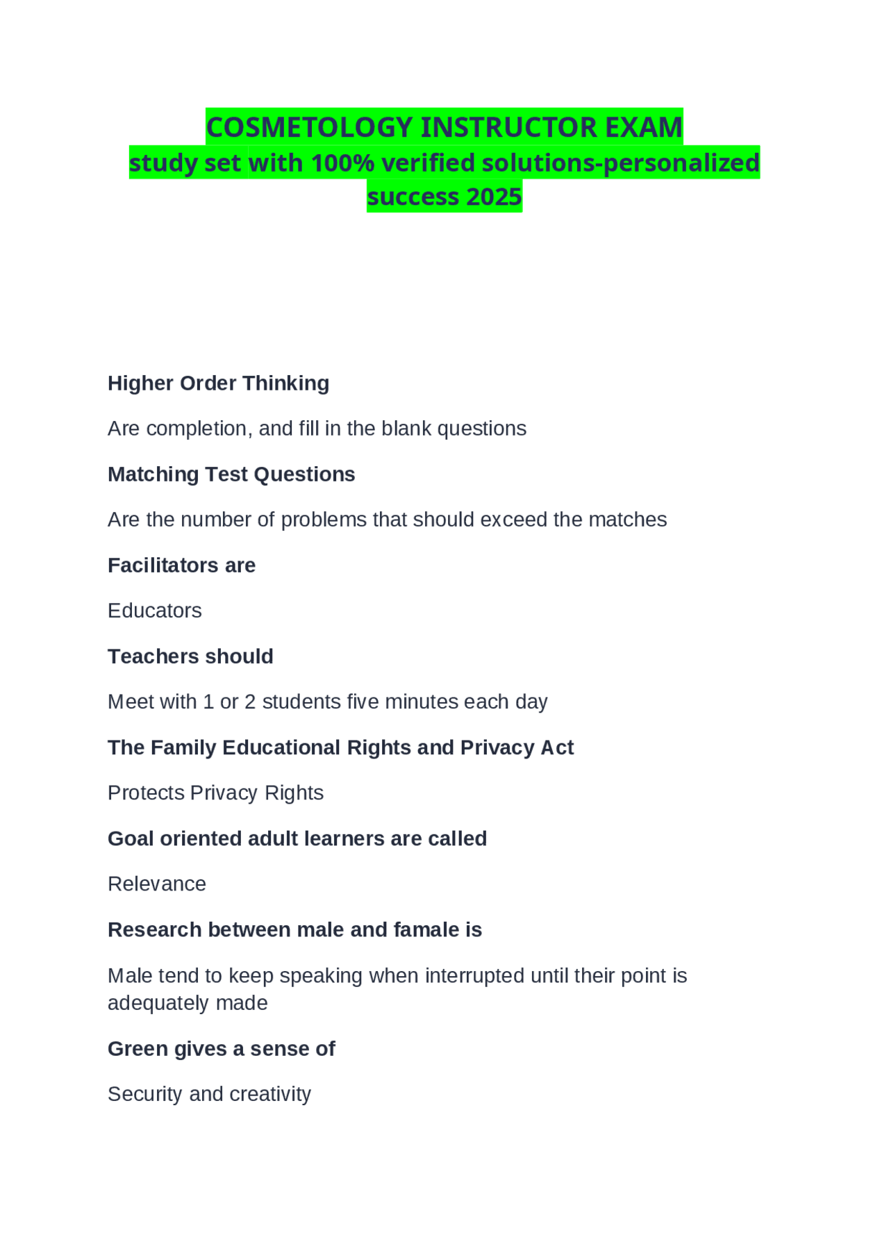 COSMETOLOGY INSTRUCTOR EXAM study set with 100% verified solutions ...