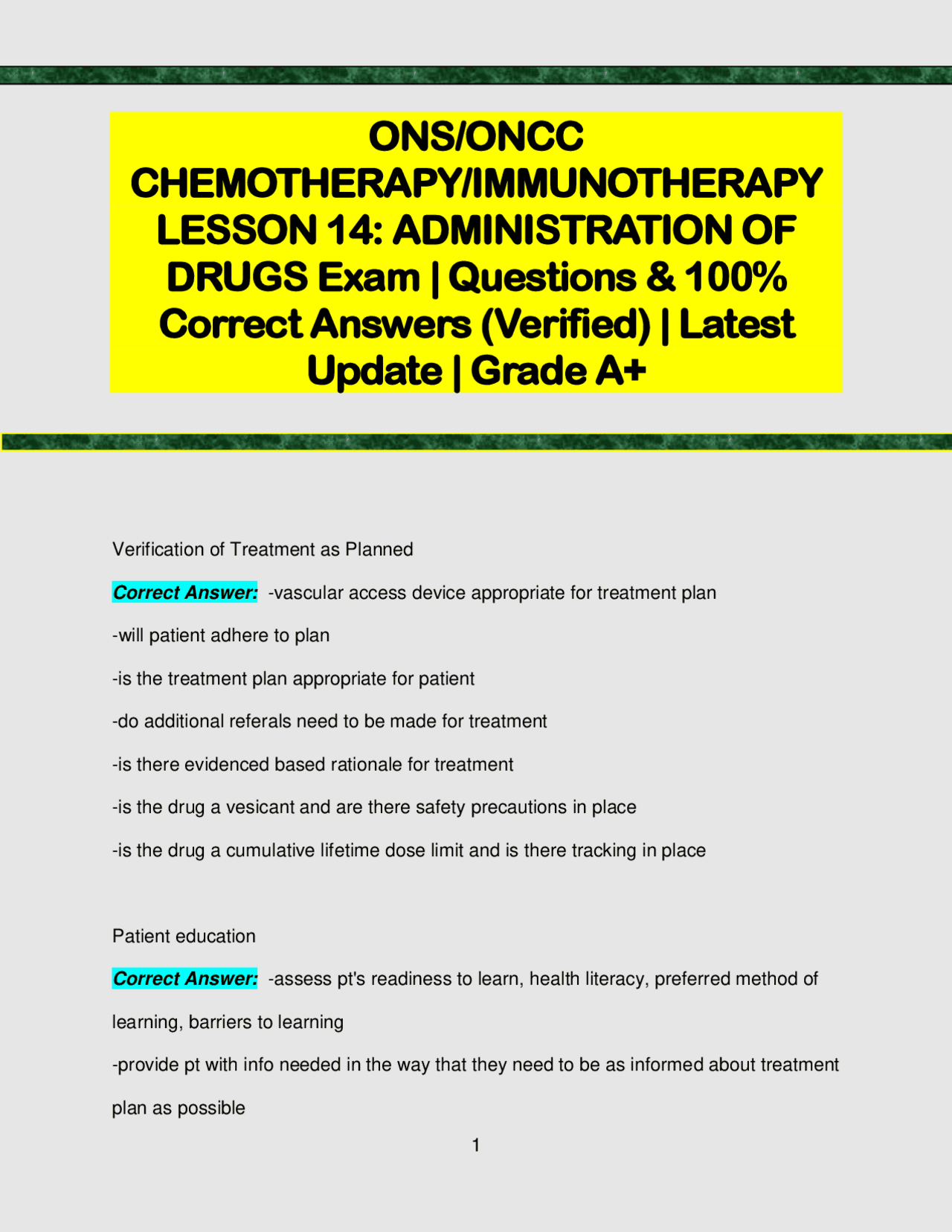 Chemotherapy/Immunotherapy Administration: Lesson 14 Exam Questions and ...