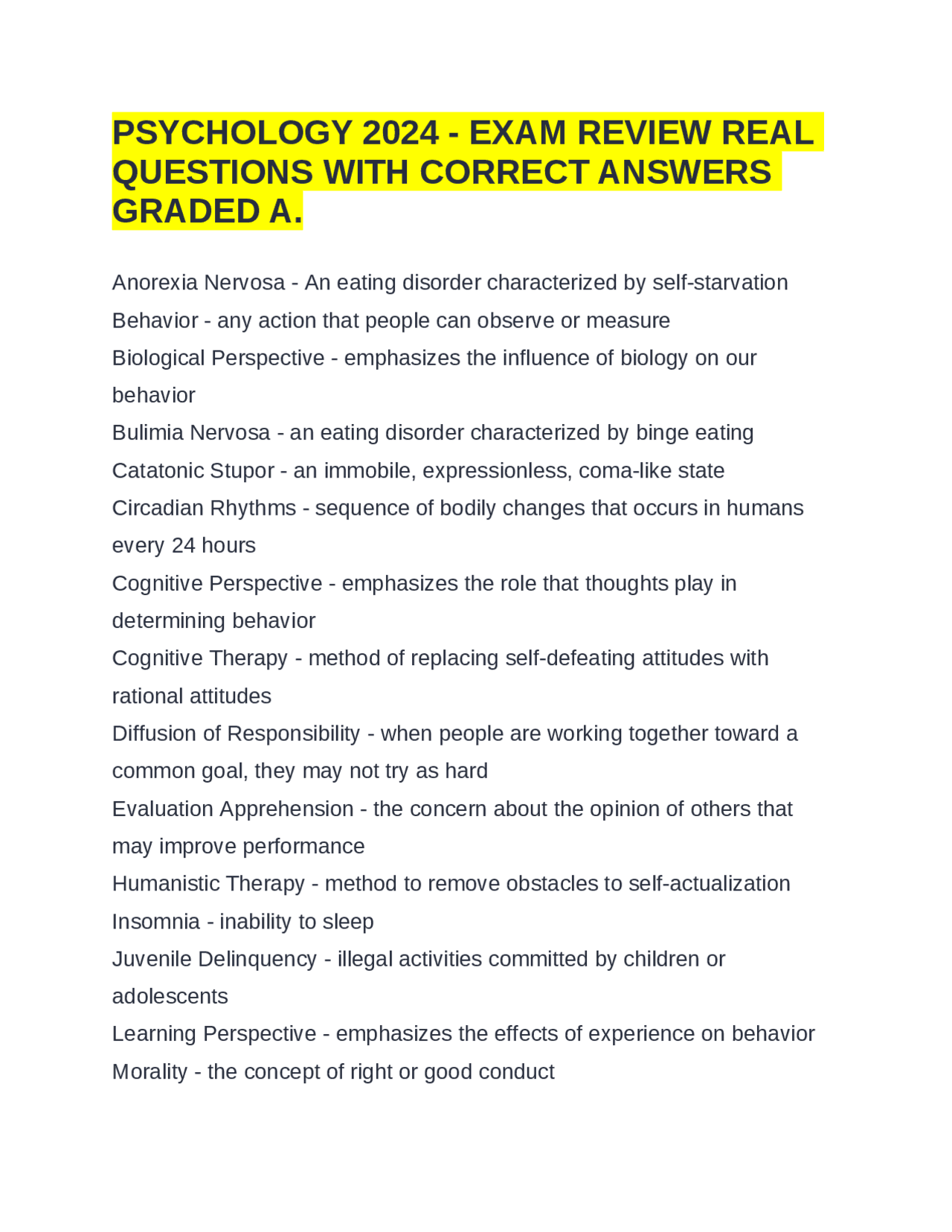 PSYCHOLOGY 2024 - EXAM REVIEW REAL QUESTIONS WITH CORRECT ANSWERS ...