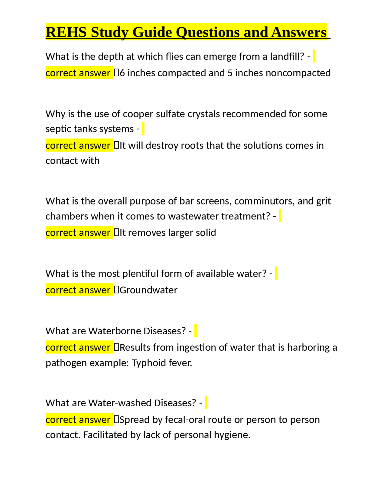 REHS Study Guide: Questions and Answers on Waterborne Diseases and Food ...