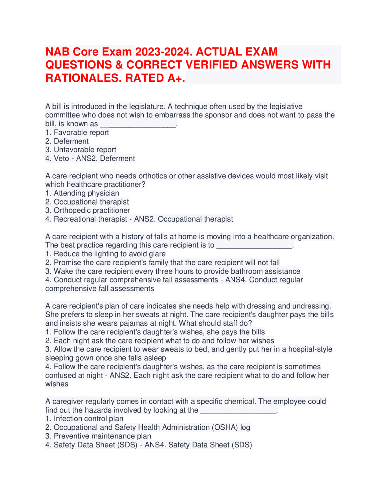 NAB Core Exam 2023-2024. ACTUAL EXAM QUESTIONS & CORRECT VERIFIED ...