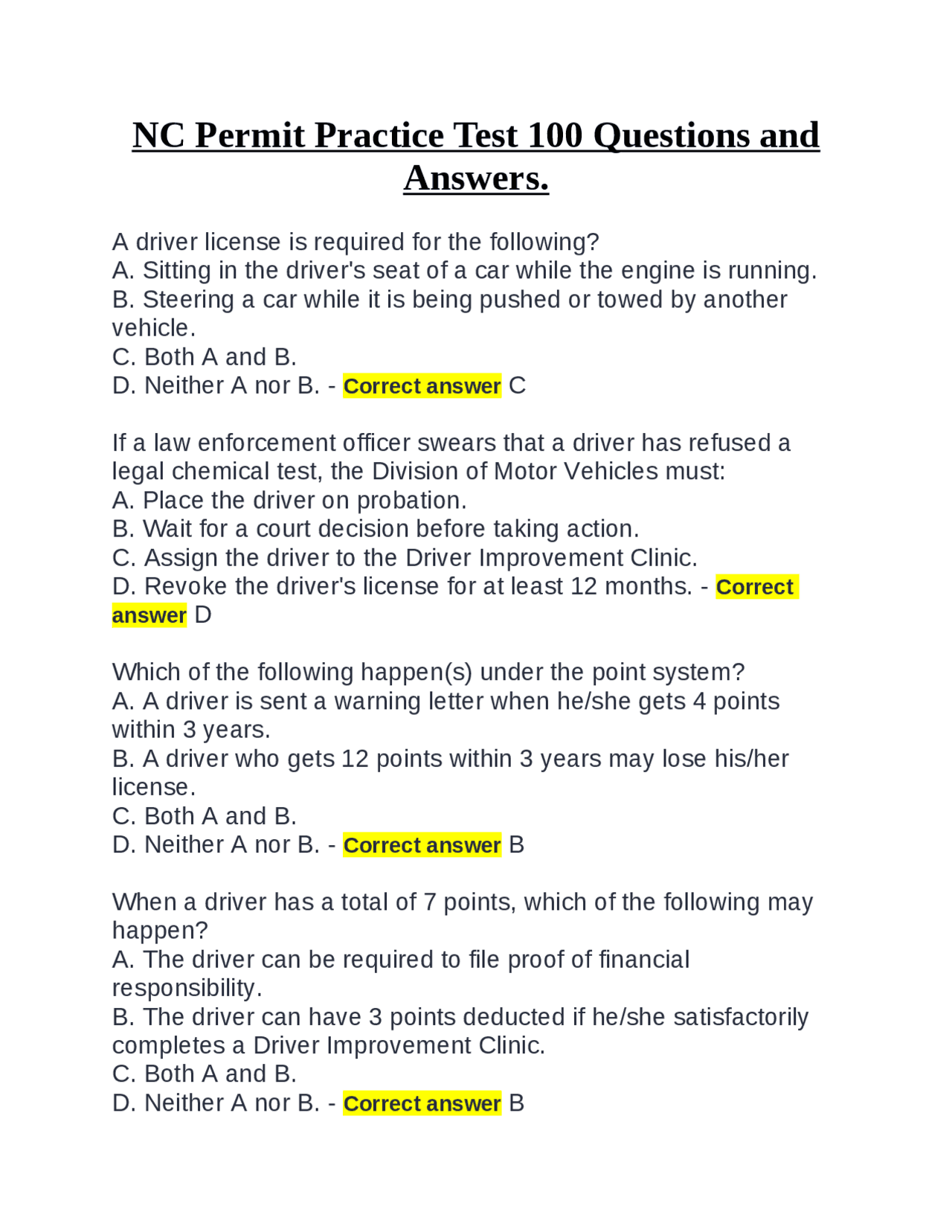NC Permit Practice Test: 100 Questions and Answers | Exams Civil ...