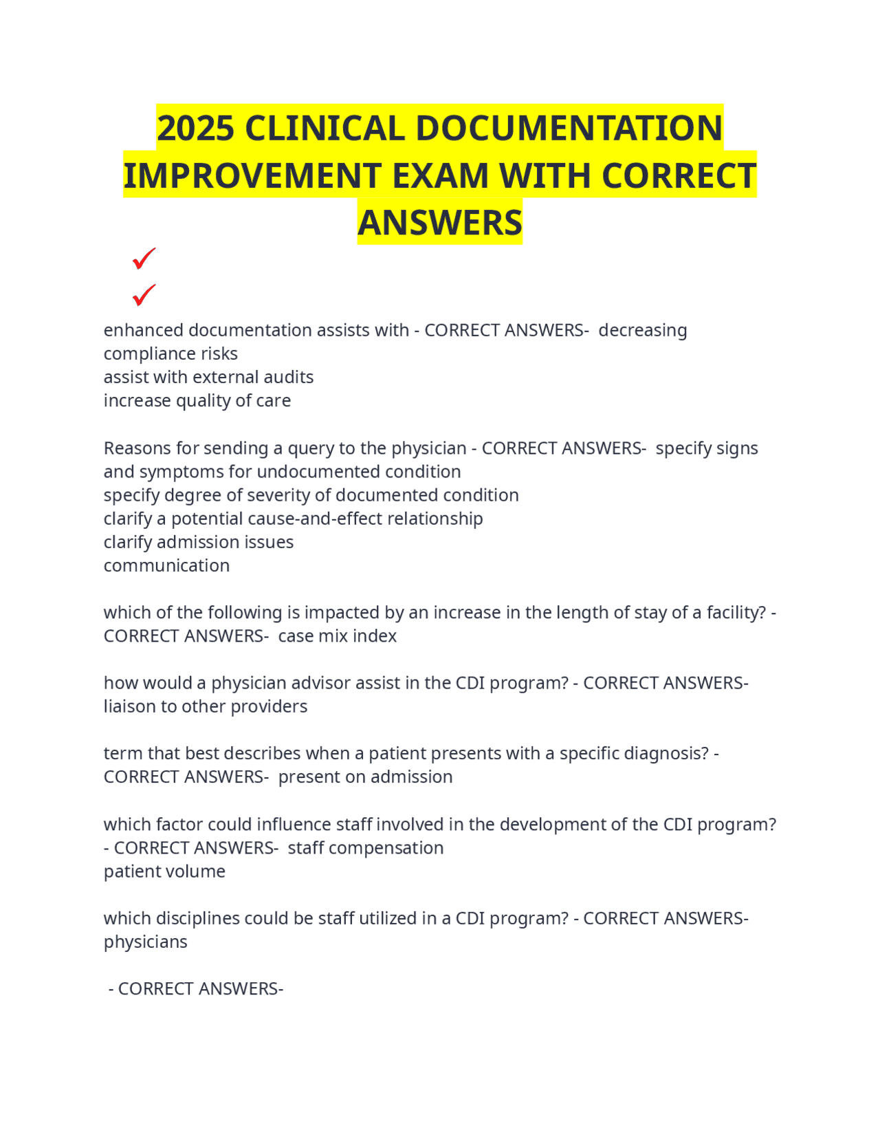 2025 CLINICAL DOCUMENTATION IMPROVEMENT EXAM WITH CORRECT ANSWERS ...
