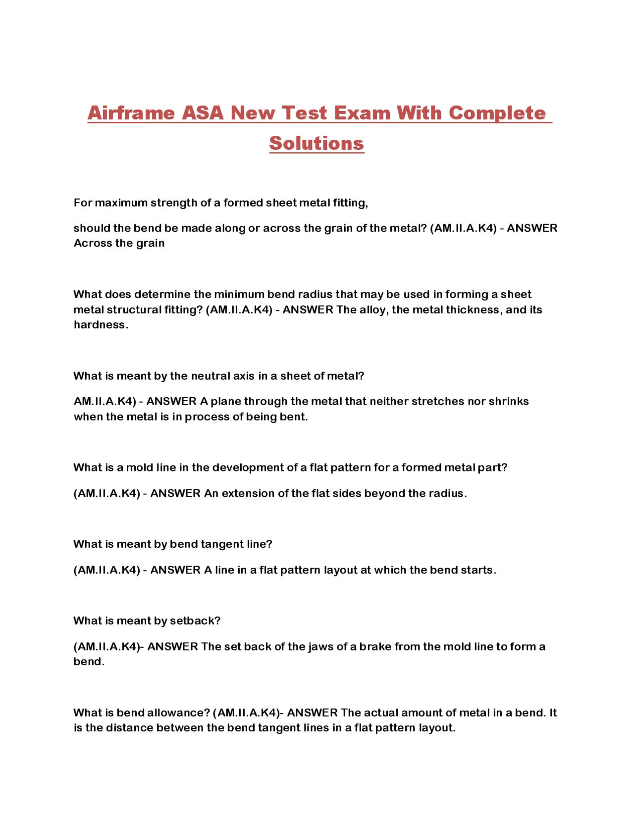 Airframe ASA New Test Exam With Complete Solutions | Exams Advanced ...