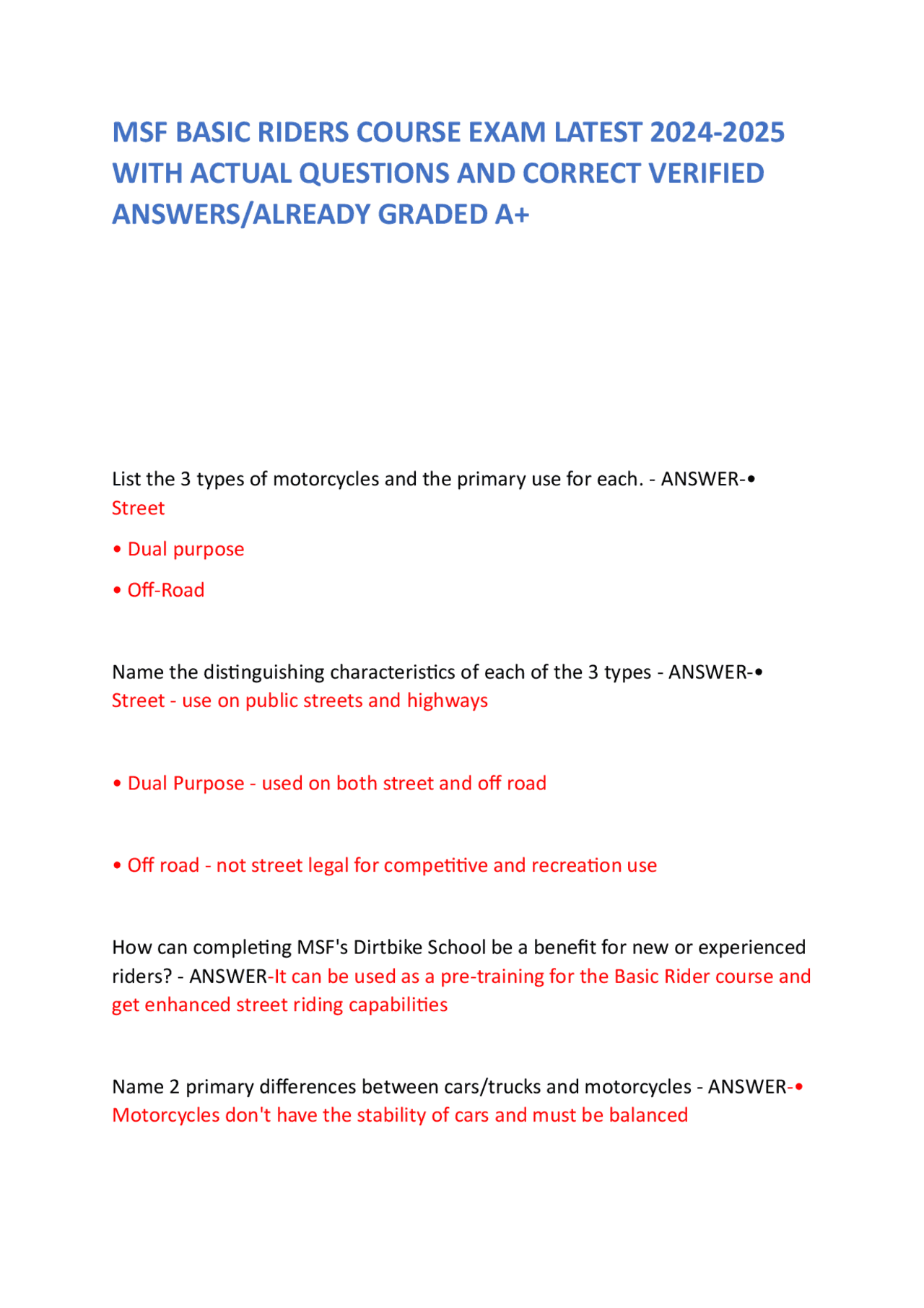 MSF Basic Riders Course Exam: Questions and Answers | Exams Nursing ...