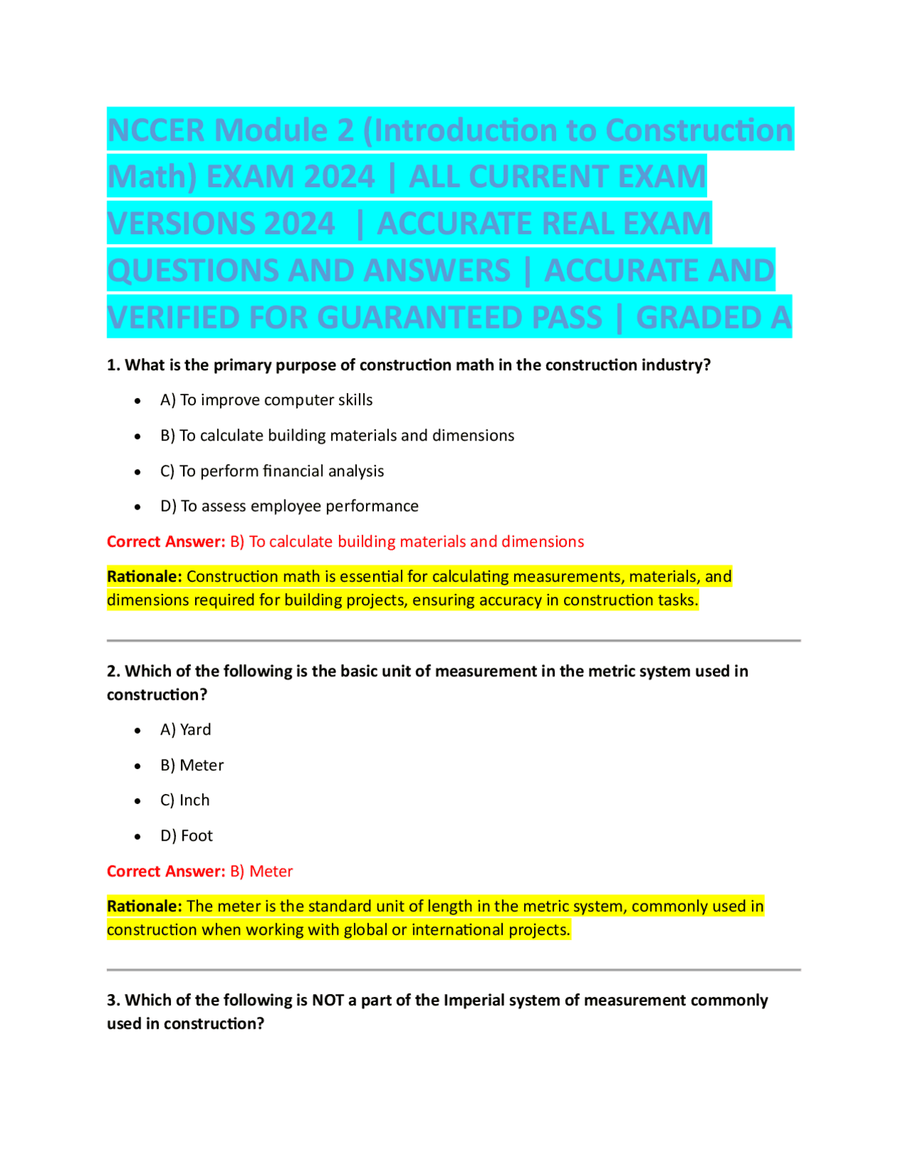 NCCER Module 2 Construction Math Exam Practice | Exams Mathematics ...