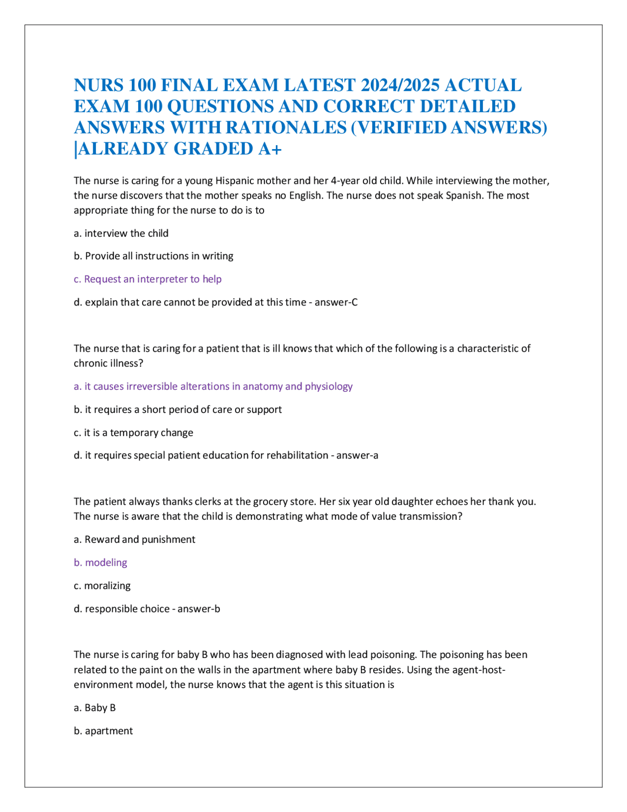 NURS 100 FINAL EXAM LATEST 2024/2025 ACTUAL EXAM 100 QUESTIONS AND ...