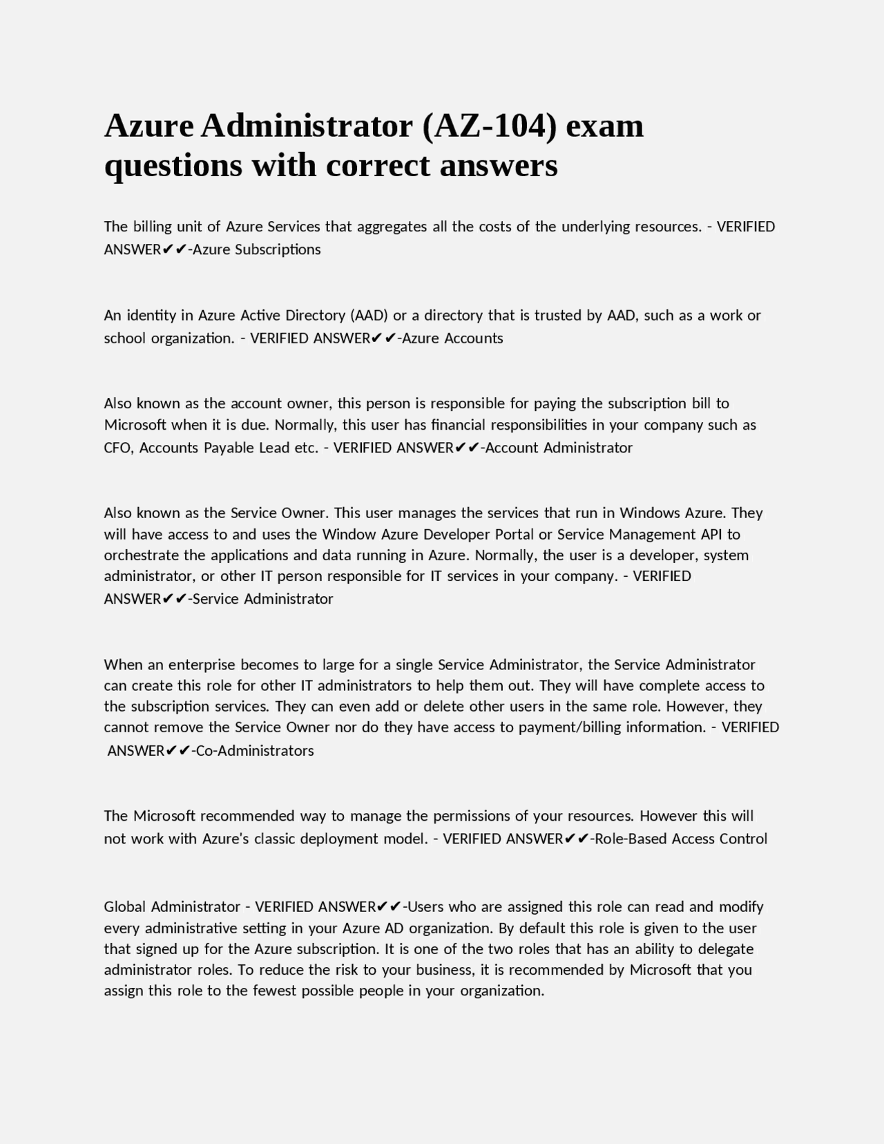 Azure Administrator (AZ-104) exam questions with correct answers ...