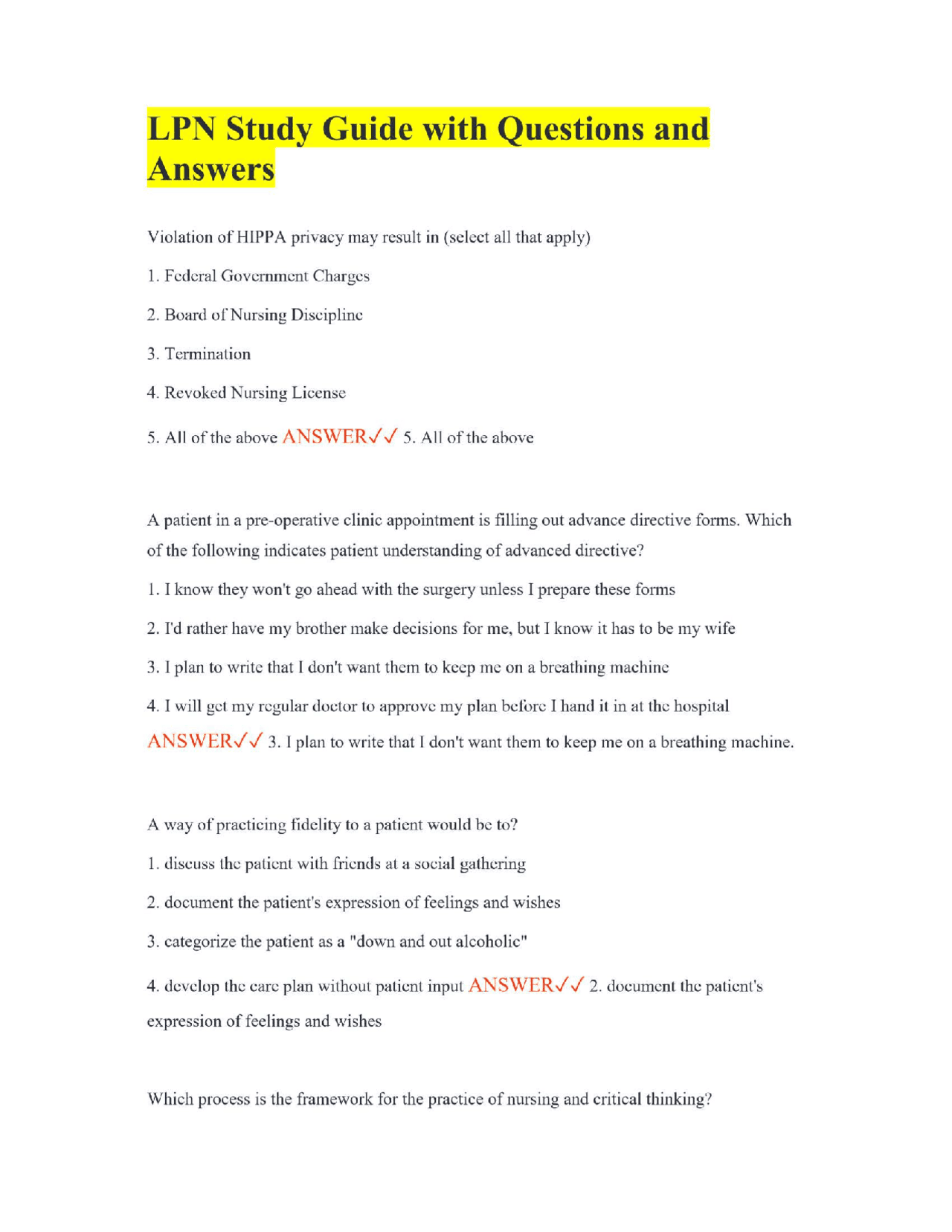 LPN Study Guide with Questions and Answers | Exams Nursing | Docsity