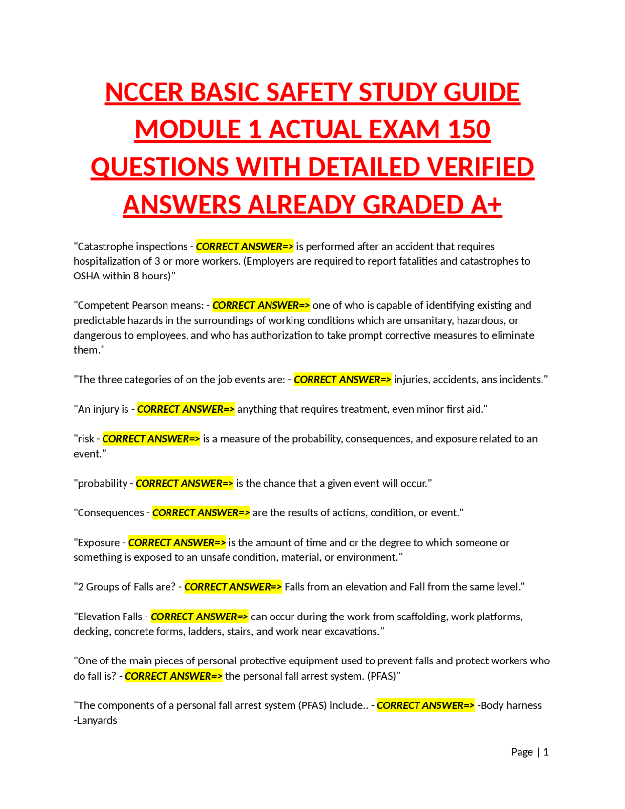 NCCER BASIC SAFETY STUDY GUIDE MODULE 1 ACTUAL EXAM 150 QUESTIONS WITH ...